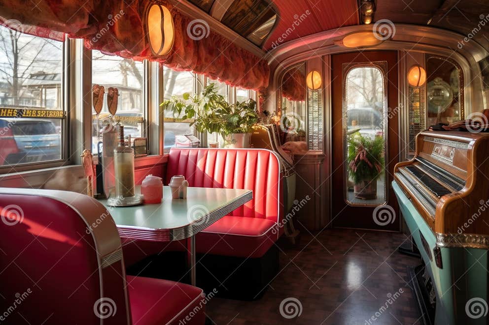 Vintage Diner Booth with Jukebox on Table Stock Illustration ...