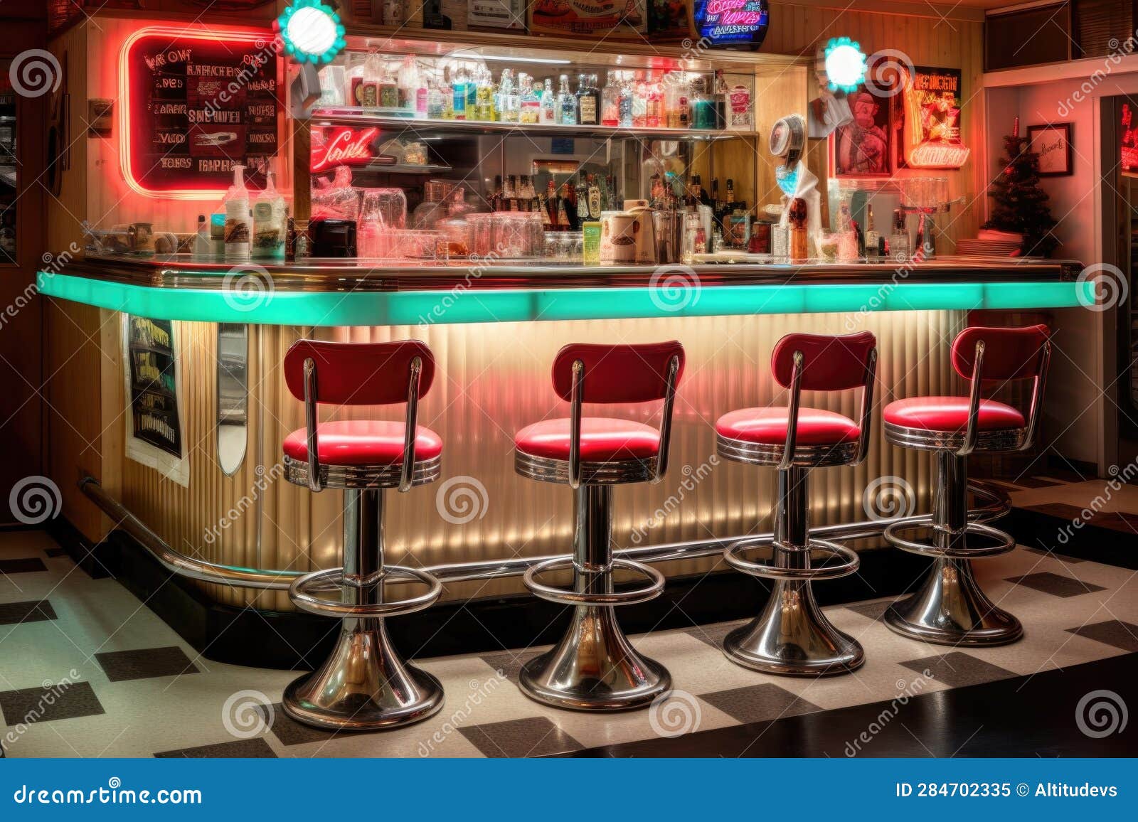 Vintage Diner Counter with Stools and Neon Sign Stock Illustration ...