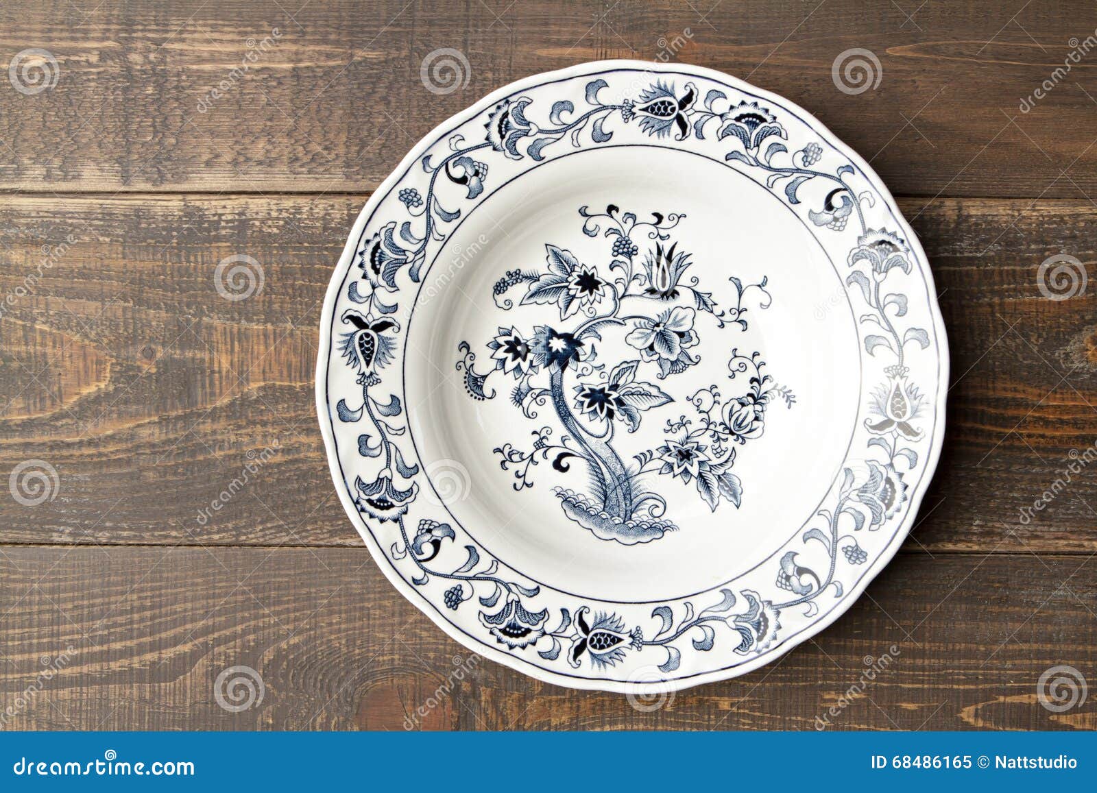 Vintage Dish on Wooden Background. Stock Image - Image of flower ...