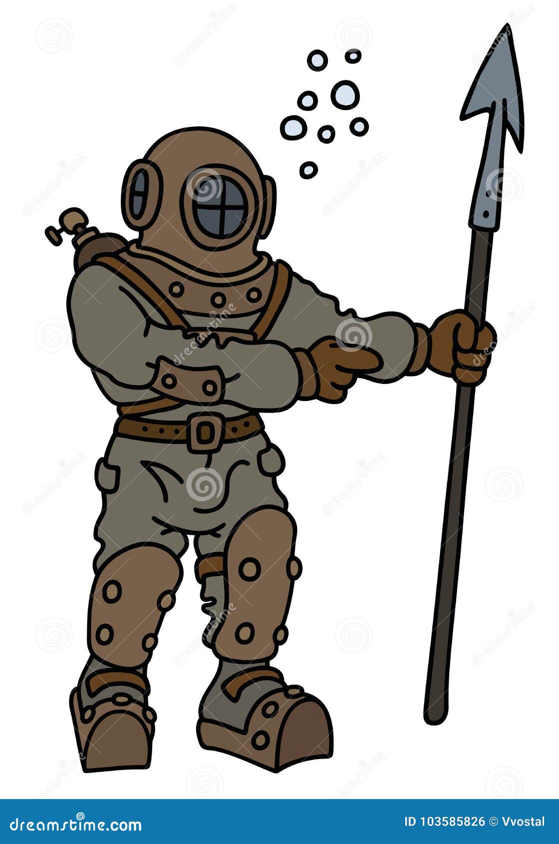 Deep Sea Diver In Pressure Suit Holds Sea Devil Fish Cartoon Vector ...