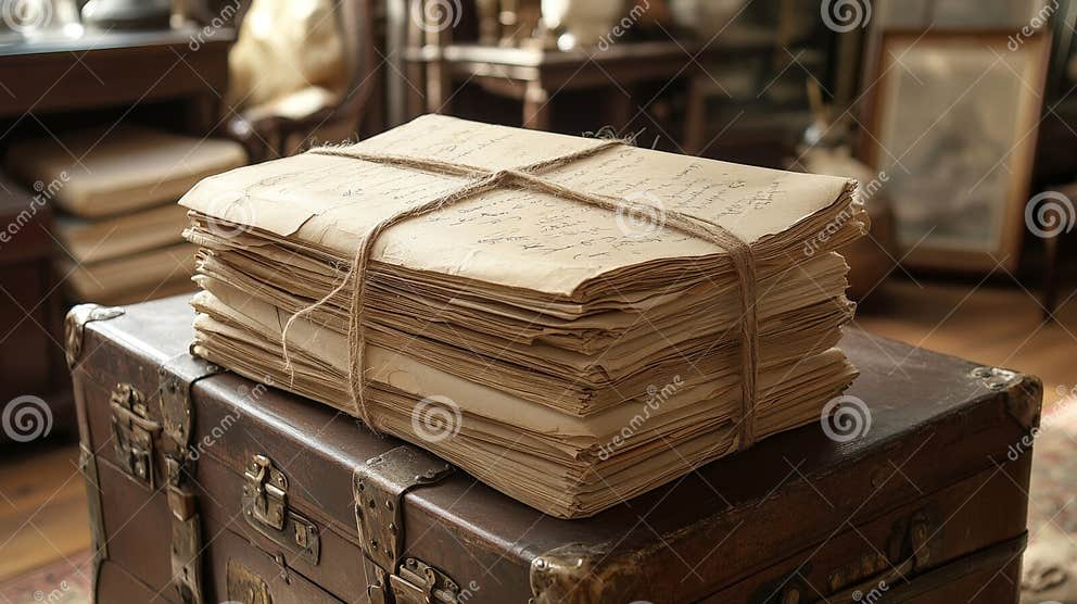 Vintage Documents and Leather Trunk in Antique Study Setting Stock ...