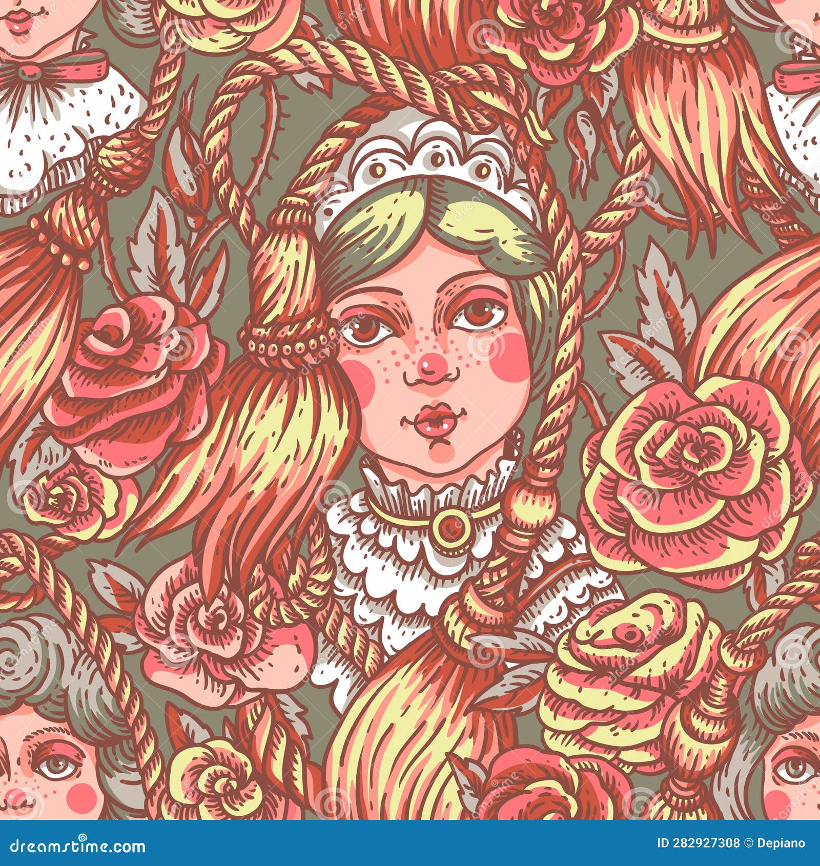 Vintage Doll Seamless Pattern, Vector Flowers and Needlework Cartoon ...