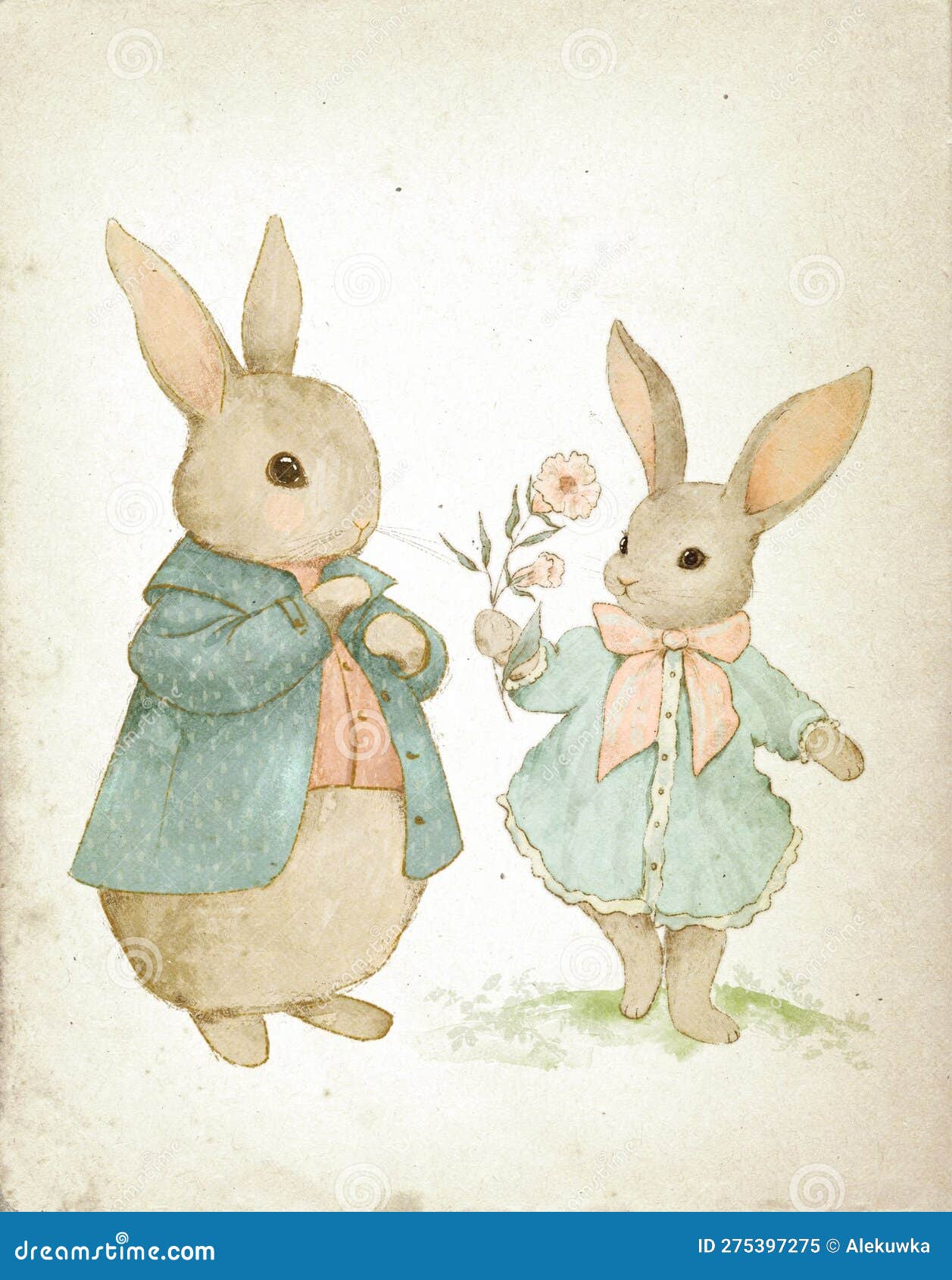 Watercolor Vintage Drawing of Two Cute Rabbits in a Vintage Atmosphere ...