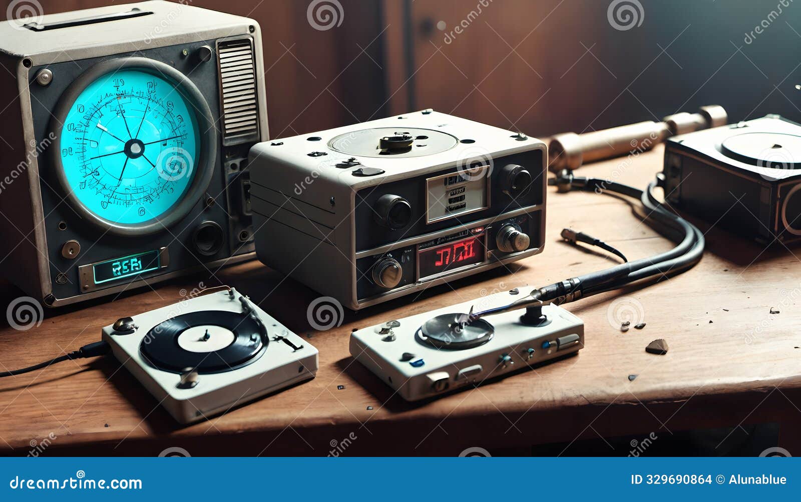 Vintage Electronics and Audio Equipment on Wooden Table Stock Photo ...