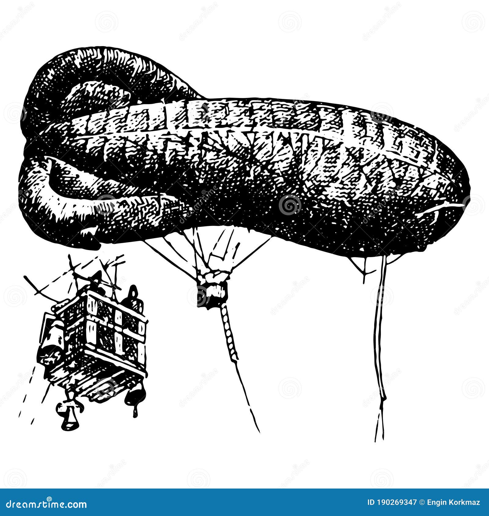 Vintage Engraving Of An Airship, Dirigible Aircraft Cartoon Vector ...