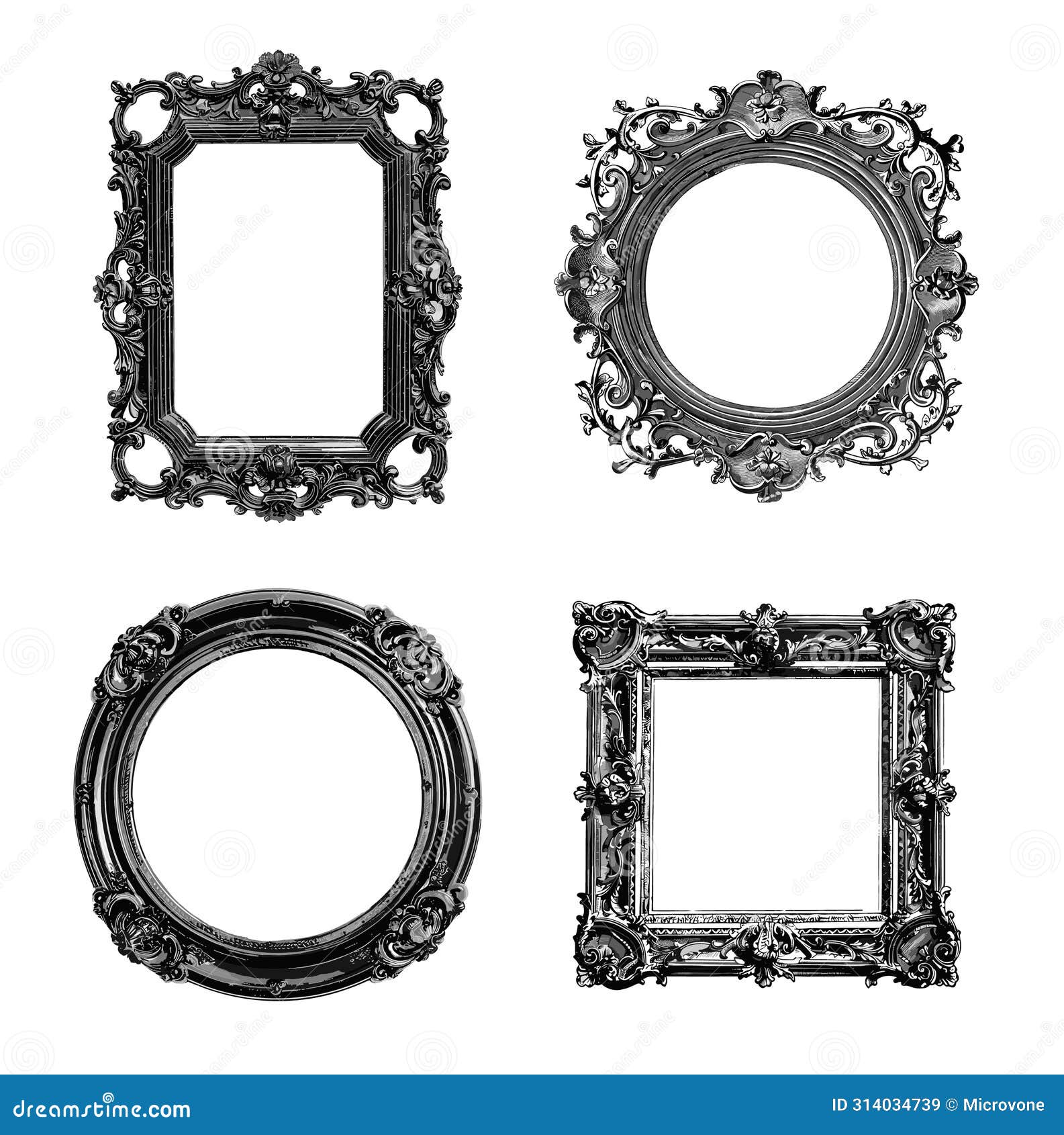 Vintage Engraving Frames. Carving Old Antique Frame Set Etching ...