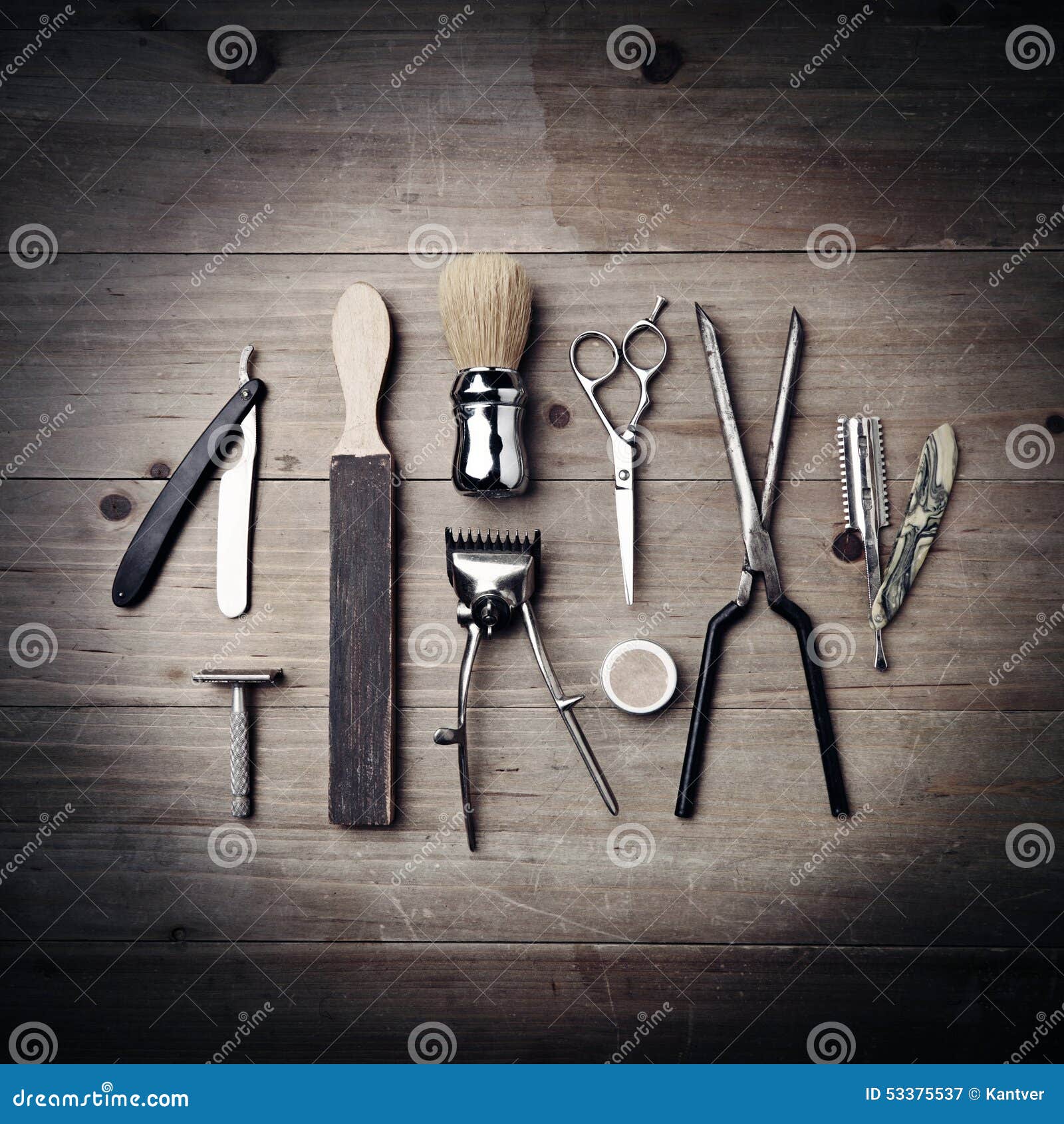 Vintage Equipment of a Barber on Wood Background Stock Image - Image of ...
