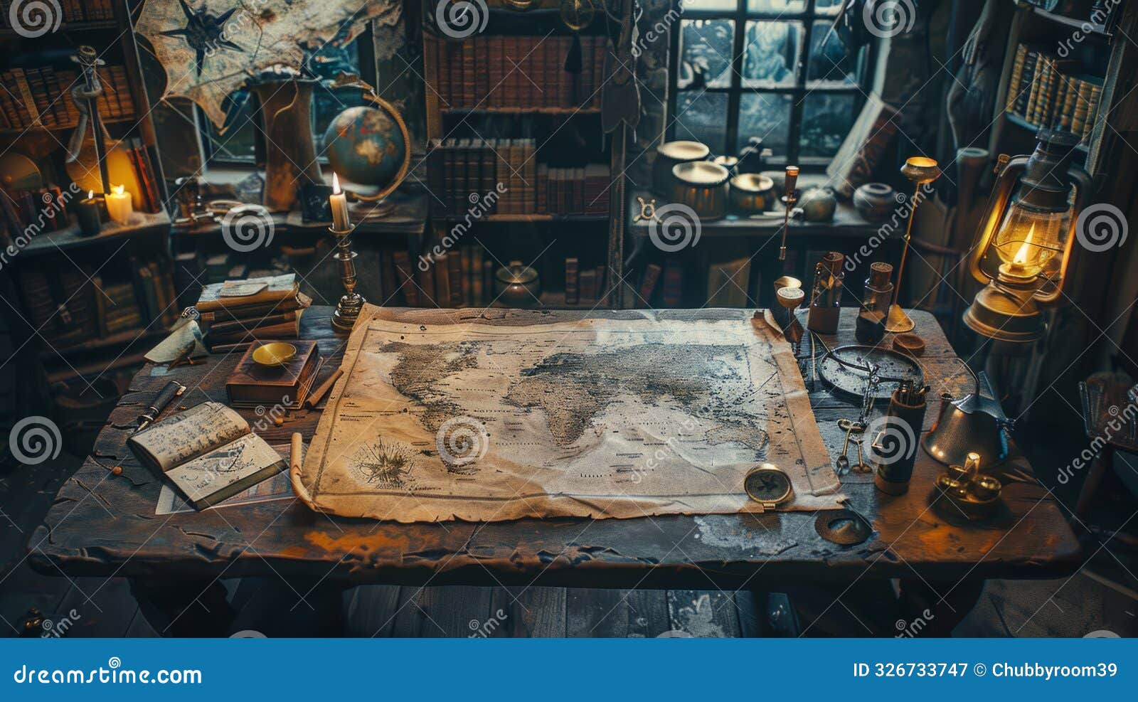 A Vintage Explorer S Desk Filled with Maps, a Globe, Compass, Lantern ...
