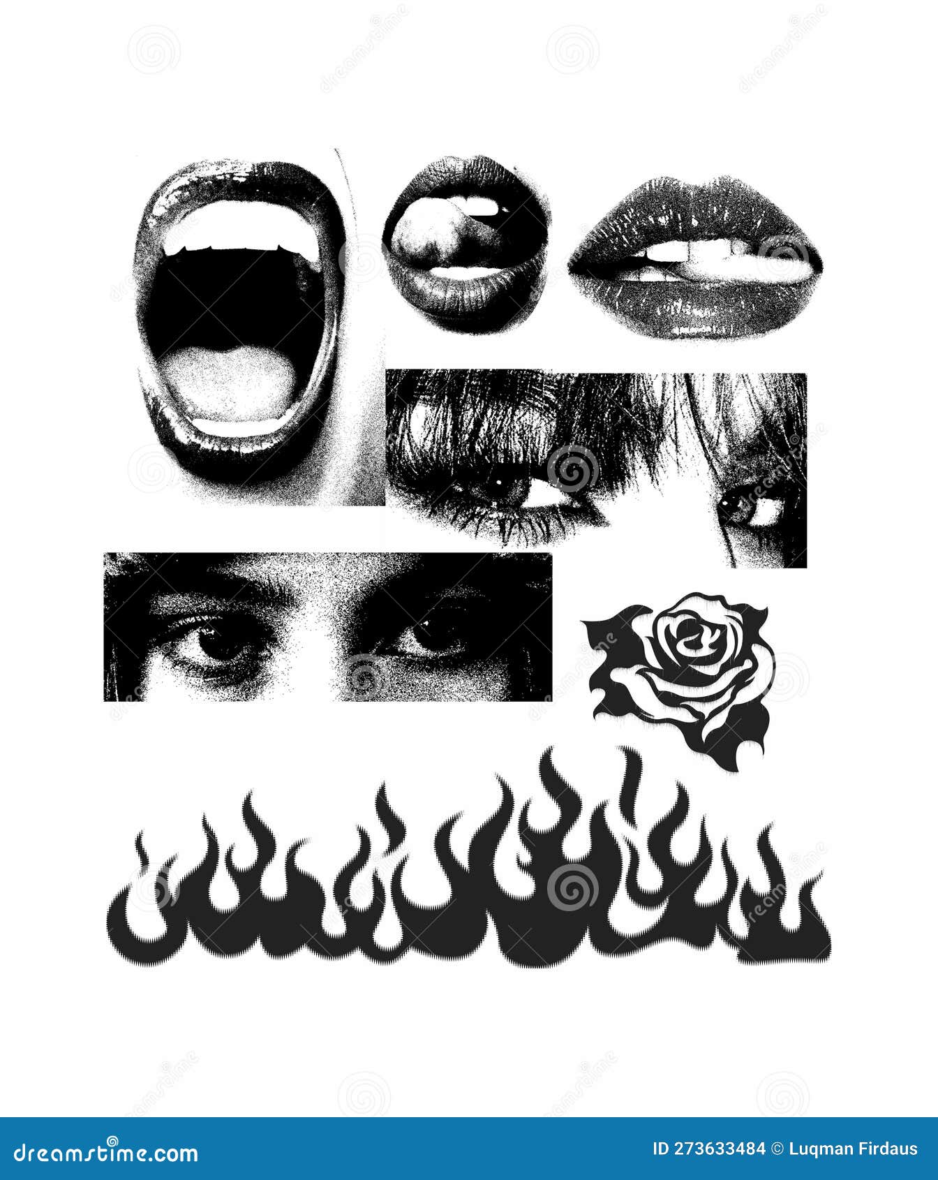 Vintage Eyes and Lips Collage Brutalism Design Style Element Bitmap ...