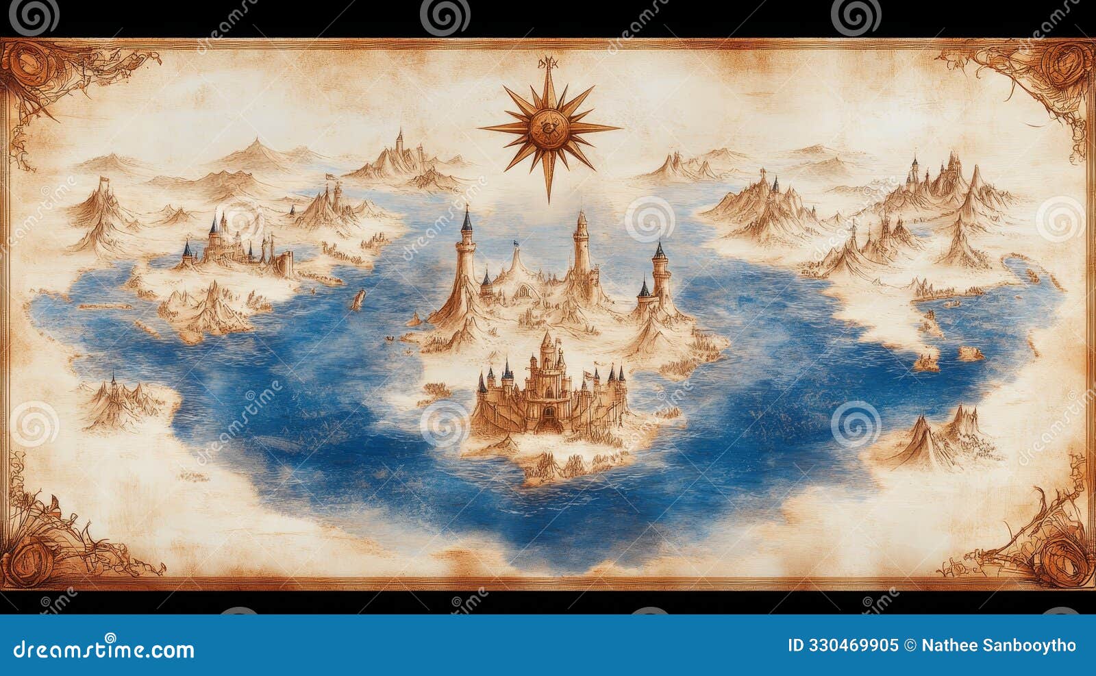 Vintage Fantasy Map with Medieval Castles and Ocean Stock Illustration ...