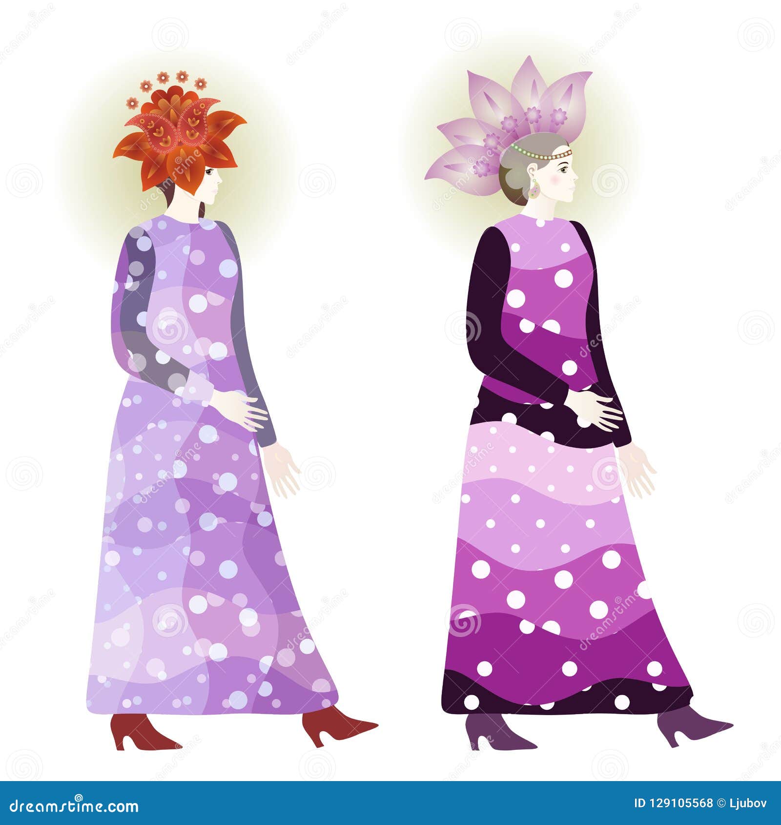 Vintage Fashion Girls In Polka Dot Dresses And Floral Paisley Hats Stock Vector Illustration