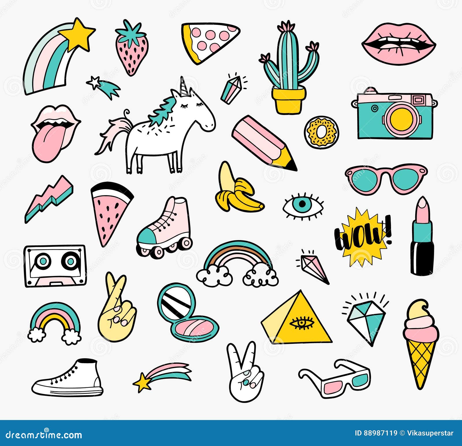 Fashion Pop Art Patch Stickers. Girls Cartoon Cute Badges, Doodle ...