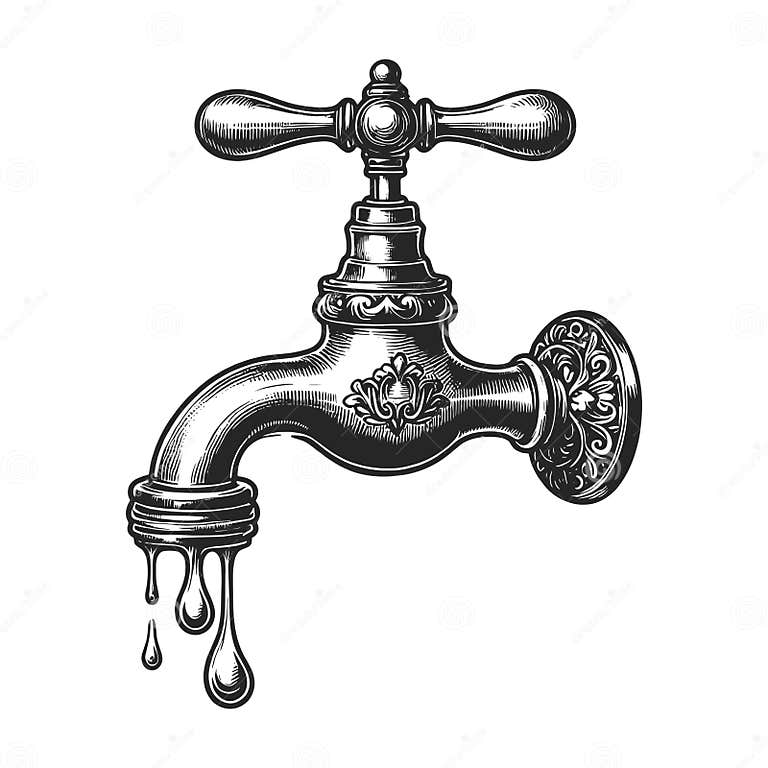 Vintage Faucet With Water Drop Engraving Vector Stock Vector