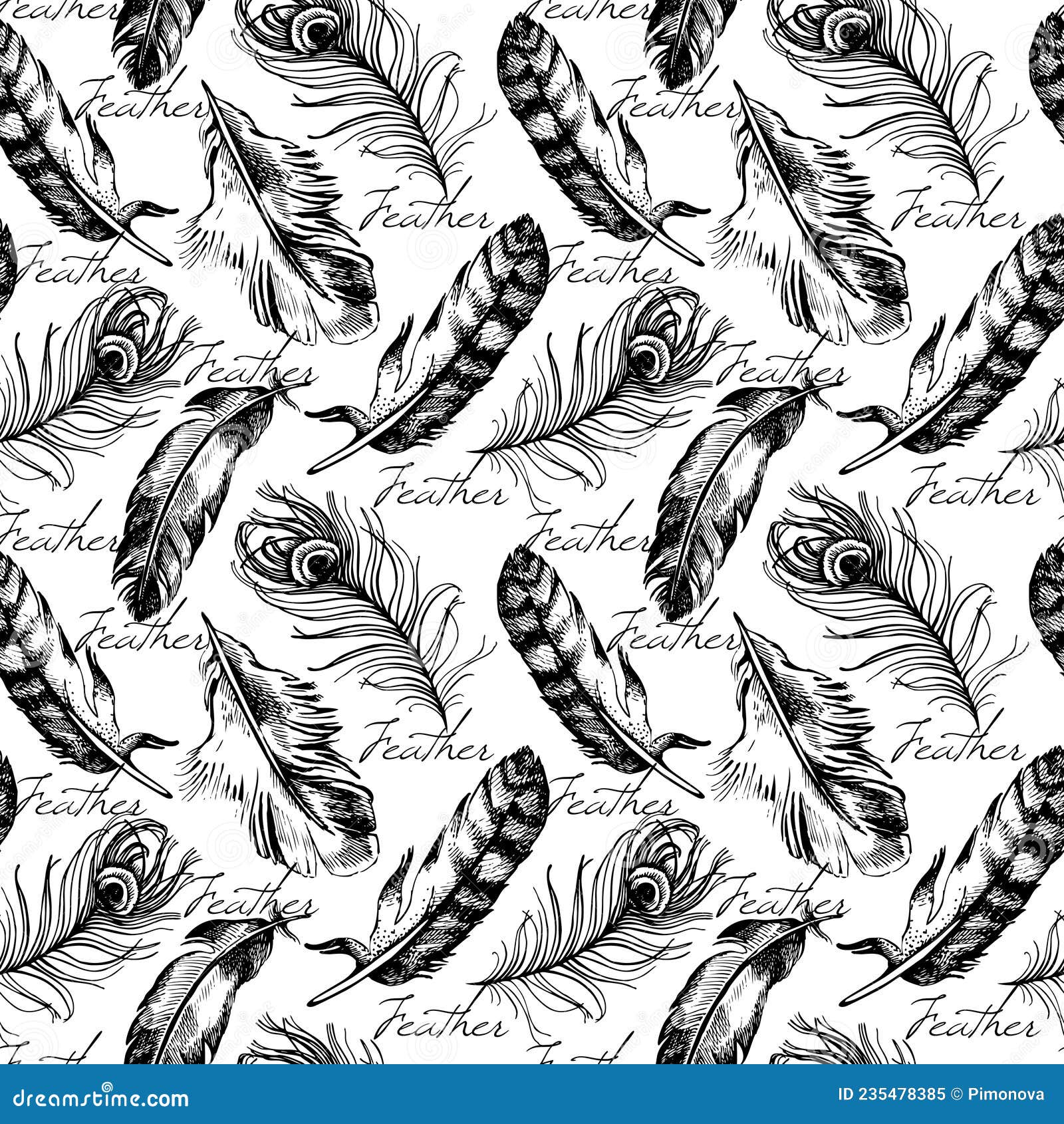 Vintage Feather Seamless Pattern. Hand Drawn Sketch Vector Illustration ...