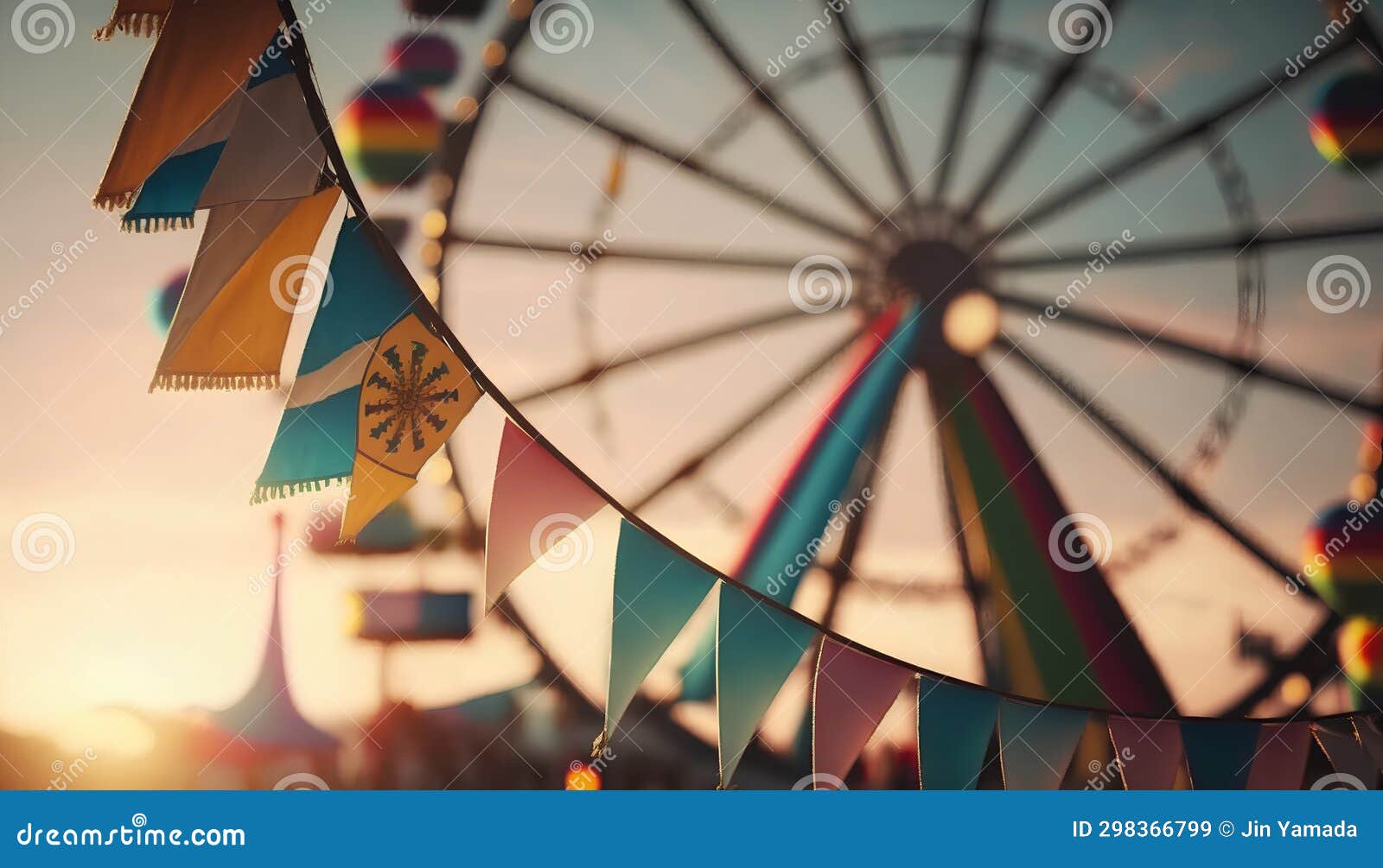 Vintage Ferris Wheel with Flags at the Fairground at Sunset Stock ...