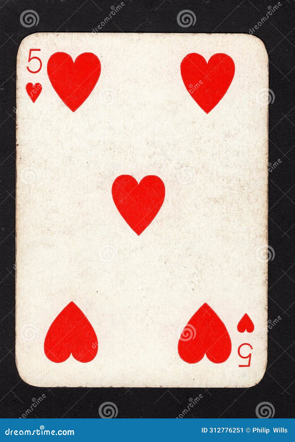 A Vintage Five of Hearts Playing Card on a Black Background. Stock ...