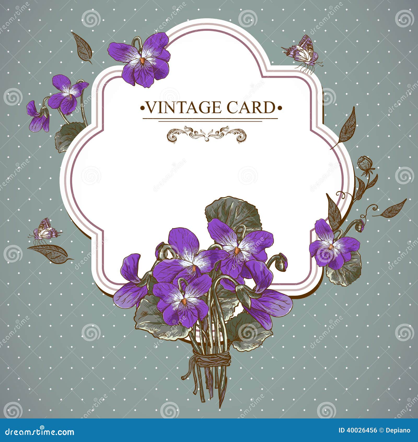 Vintage Floral Card with Violets and Butterflies Stock Vector ...