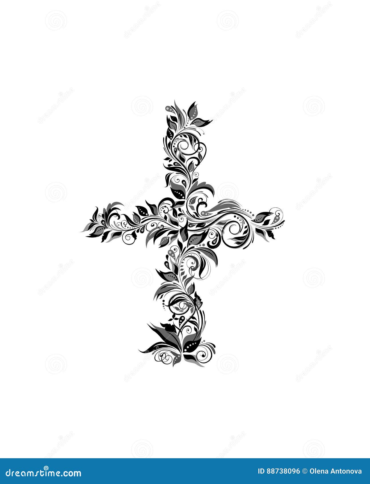 Vintage Floral Cross Black and White Stock Vector - Illustration of ...