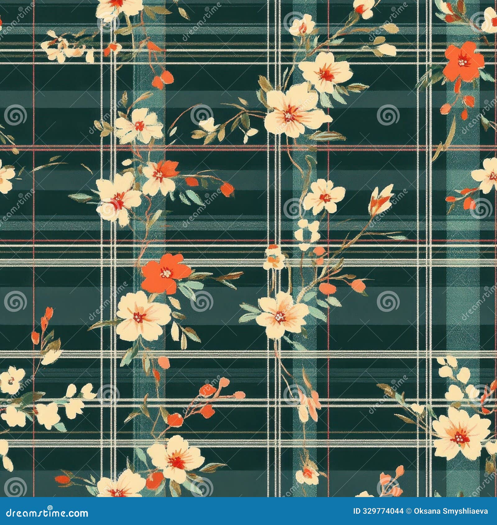 Vintage Floral Pattern on Plaid Background - Textile Design Stock Photo ...