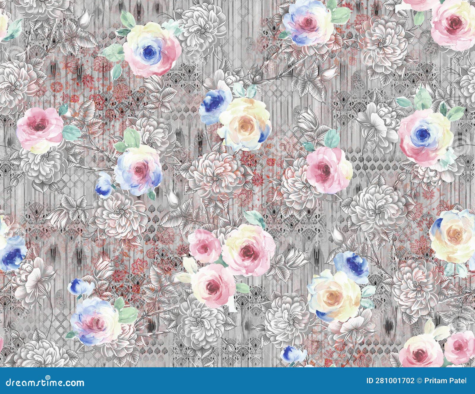 Vintage Flower Seamless Pattern with Metallic Color Ground Digital ...