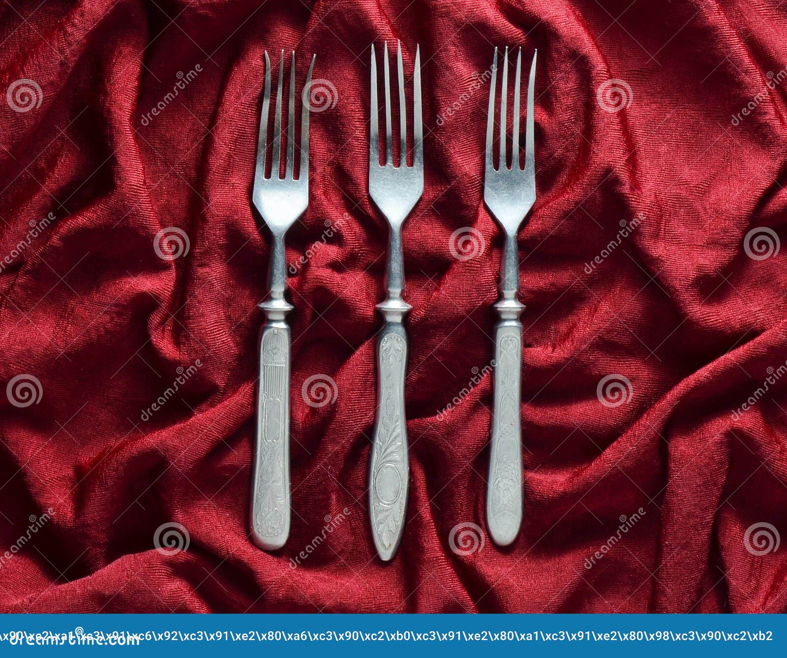 Vintage Forks on a Red Silk Tablecloth. Top View Stock Image - Image of ...