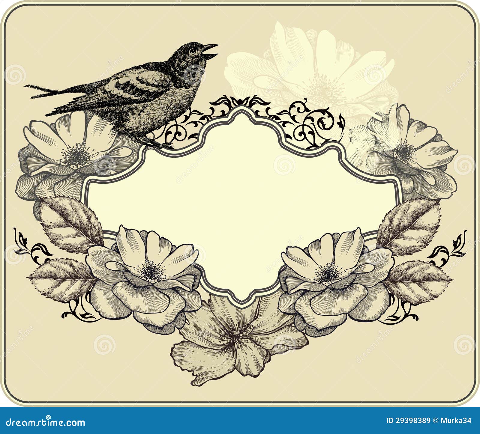 Vintage Frame with Bird and Blooming Roses. Vector Stock Vector ...