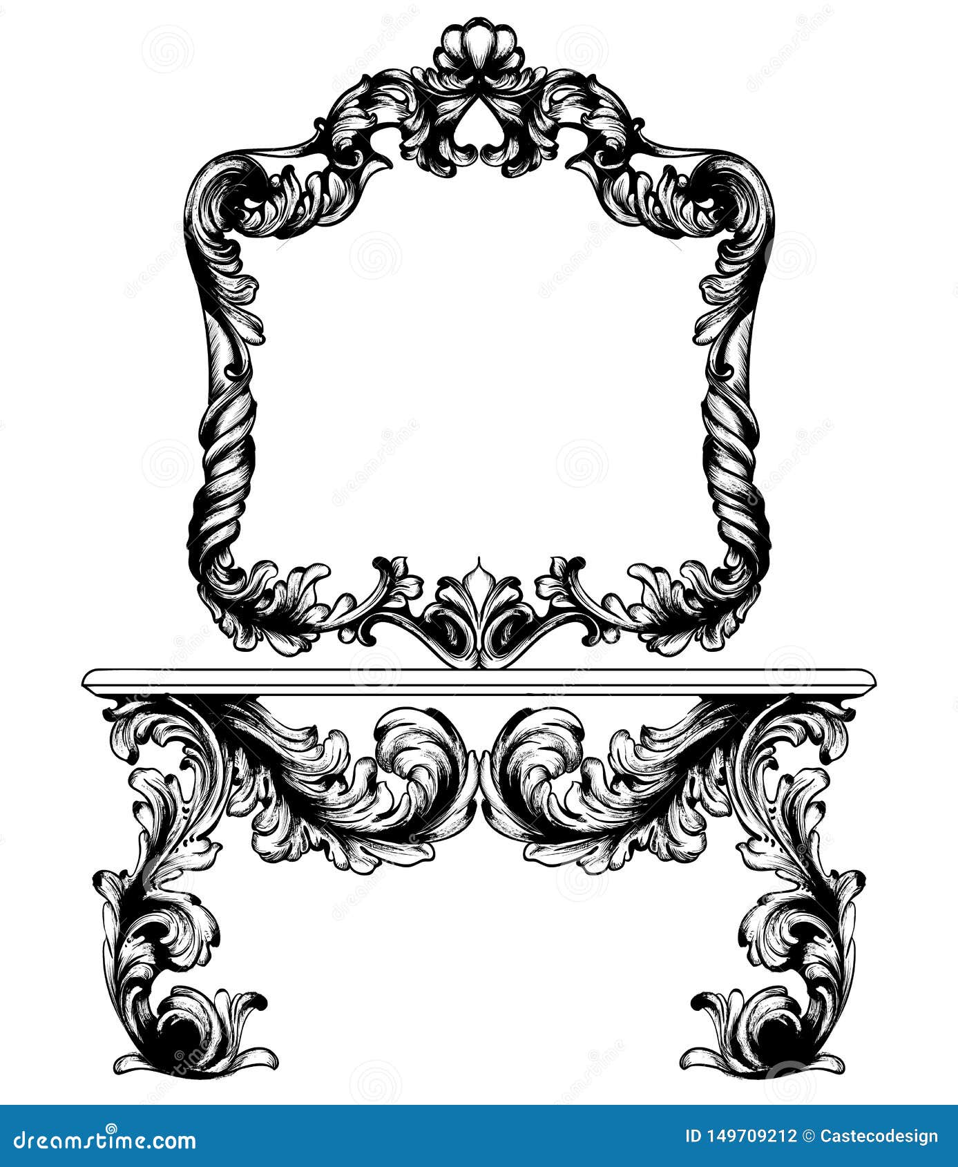 Vintage Frame and Table Vector Line Art. Classic Engraved Ornaments ...