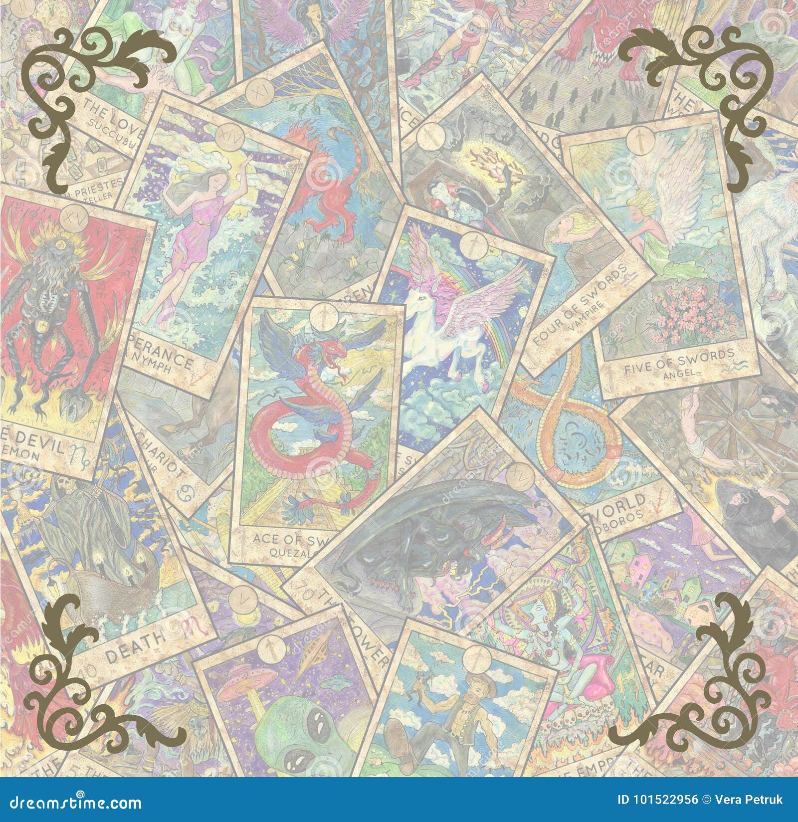 Vintage Frame with Tarot Cards in Pile and Corner Patterns Stock ...
