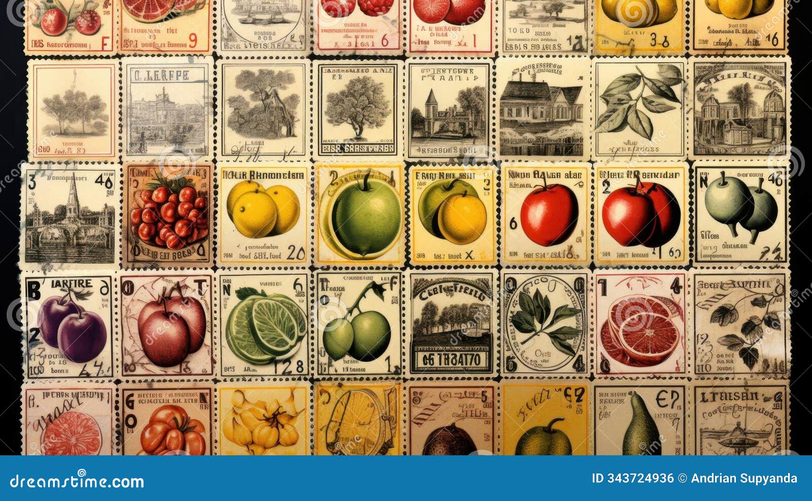 Vintage Fruit and Vegetable Postage Stamps Stock Illustration ...