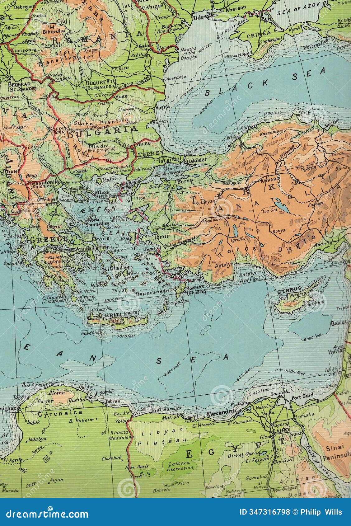 A Vintage Geographical Map of the Eastern Mediterranean Region. Stock ...