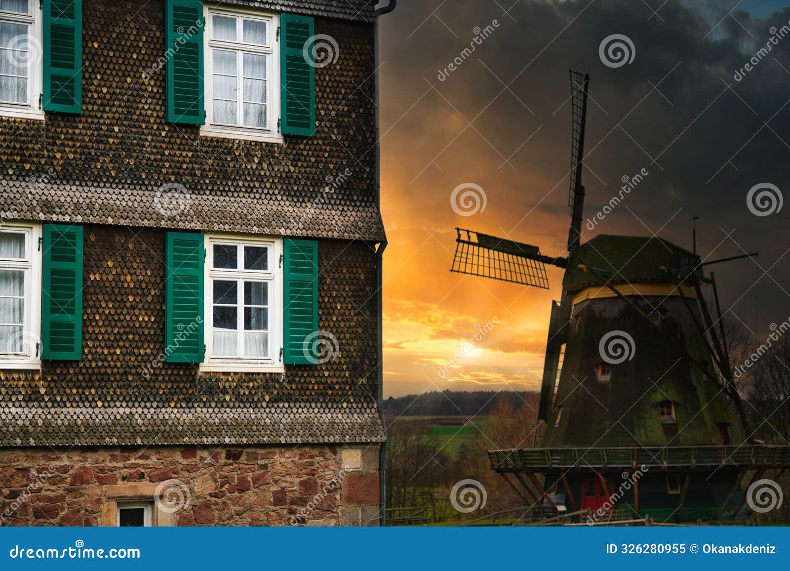Vintage German House and Mill in Sunset Stock Image - Image of travel ...
