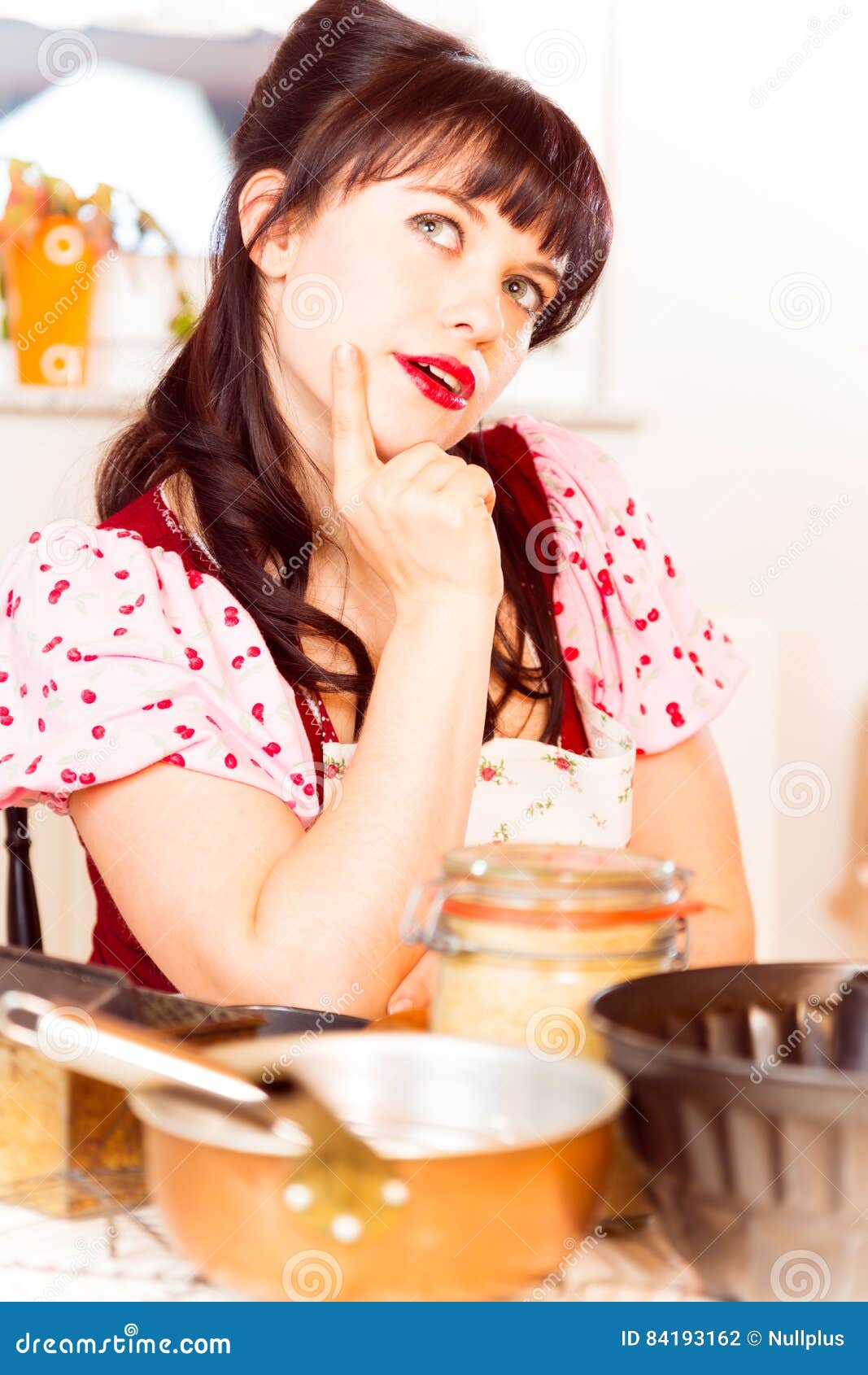Vintage Girl Baking a Cake stock photo. Image of food - 84193162