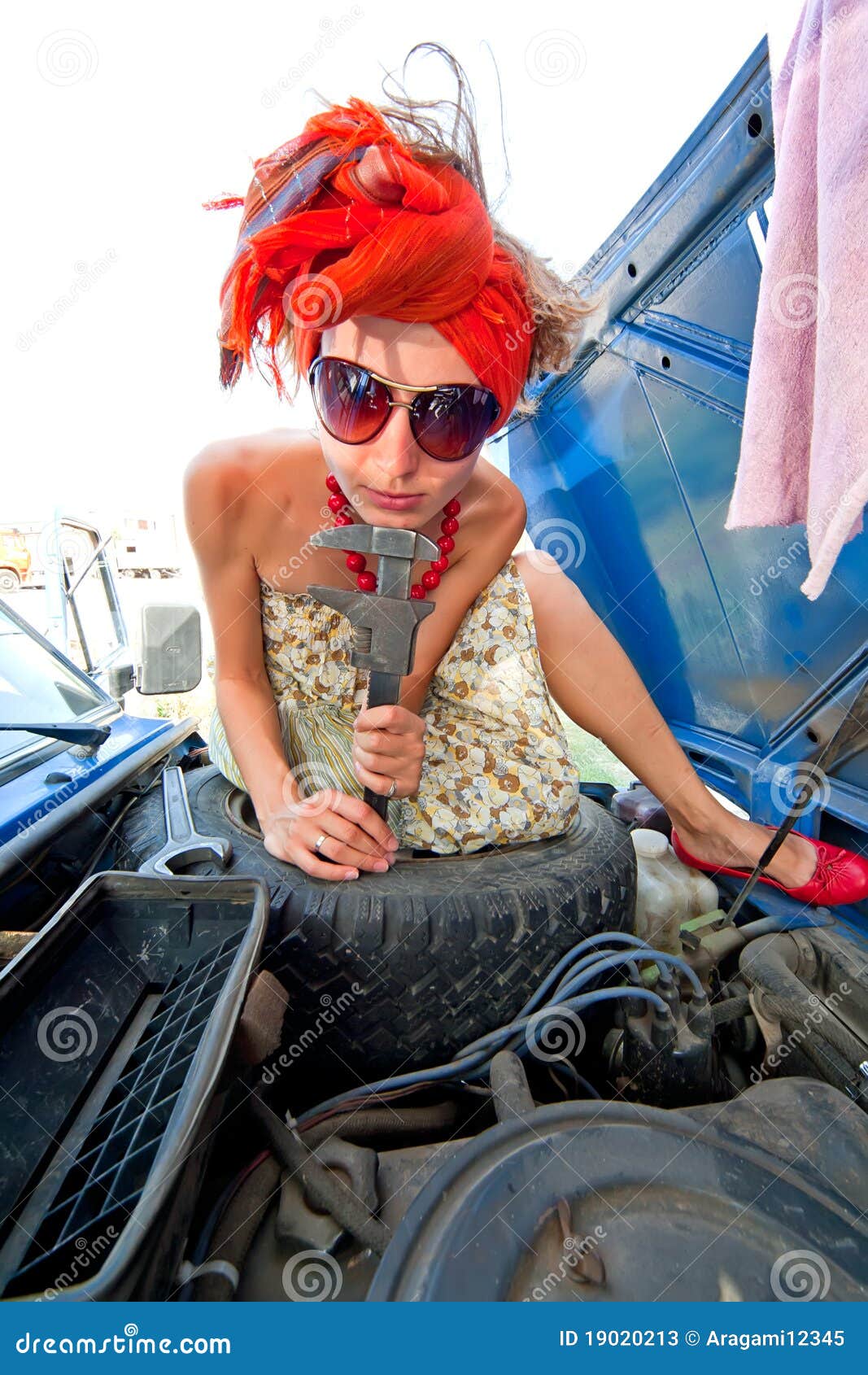 Vintage Girl Repairing Car Engine Stock Image - Image of vehicle, relax ...