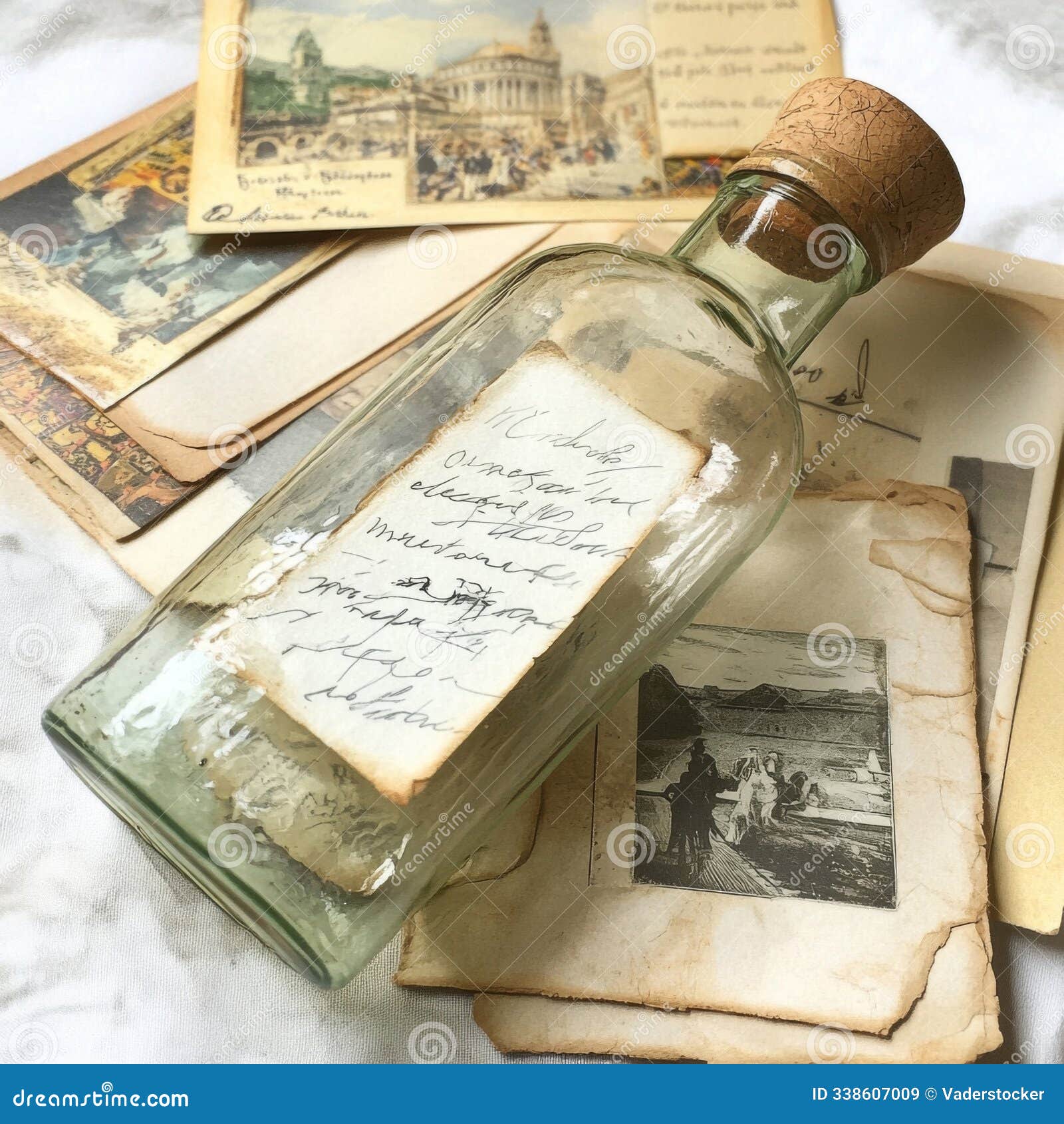 Vintage Glass Bottle with Handwritten Label on Stack of Postcards Stock ...