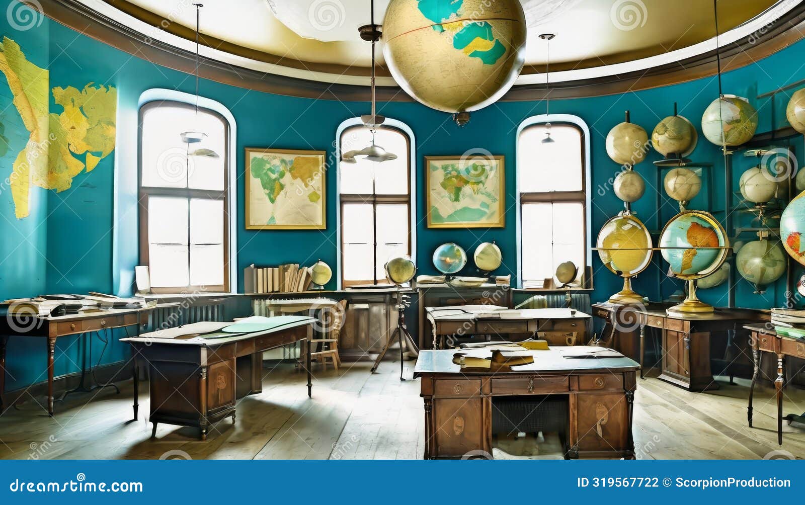 Vintage Globe and Map Themed Classroom Interior Stock Photo - Image of ...