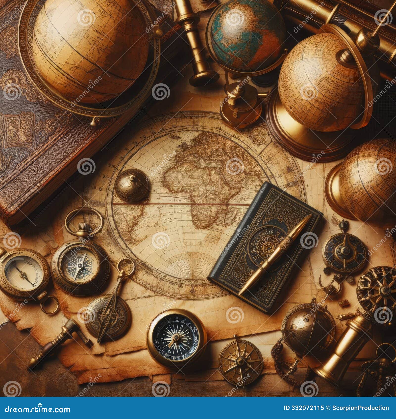 Vintage Globes and Navigational Instruments on Map Stock Image - Image ...