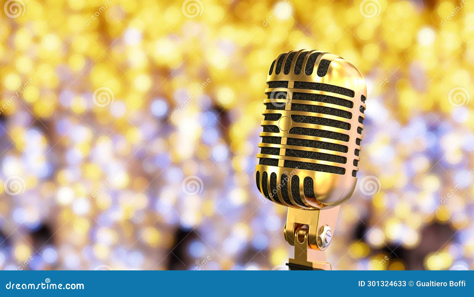 Vintage Gold Microphone and Blurred Background with Twinkling Lights ...