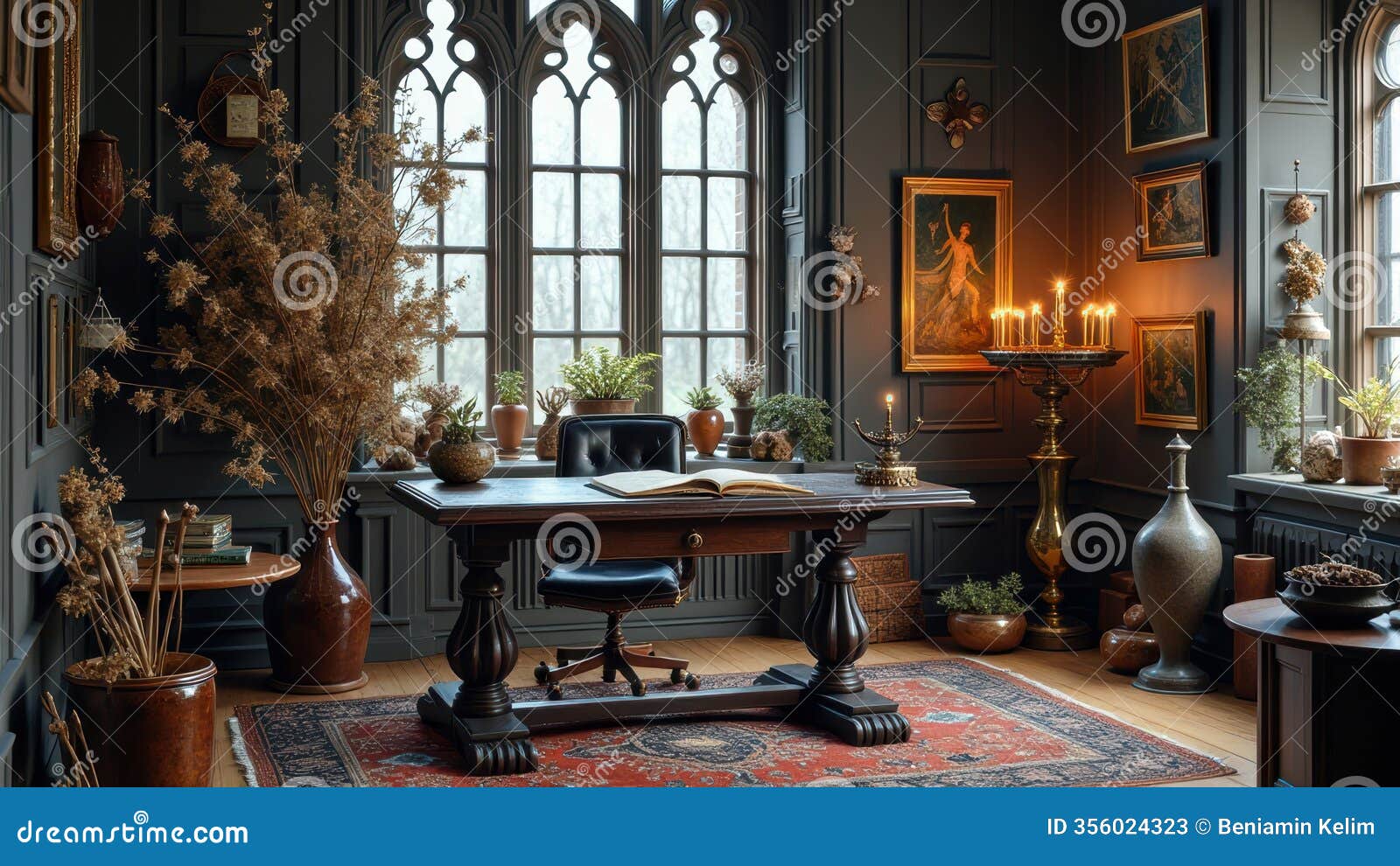Vintage Gothic Study Room Interior with Wooden Desk and Candlelight ...