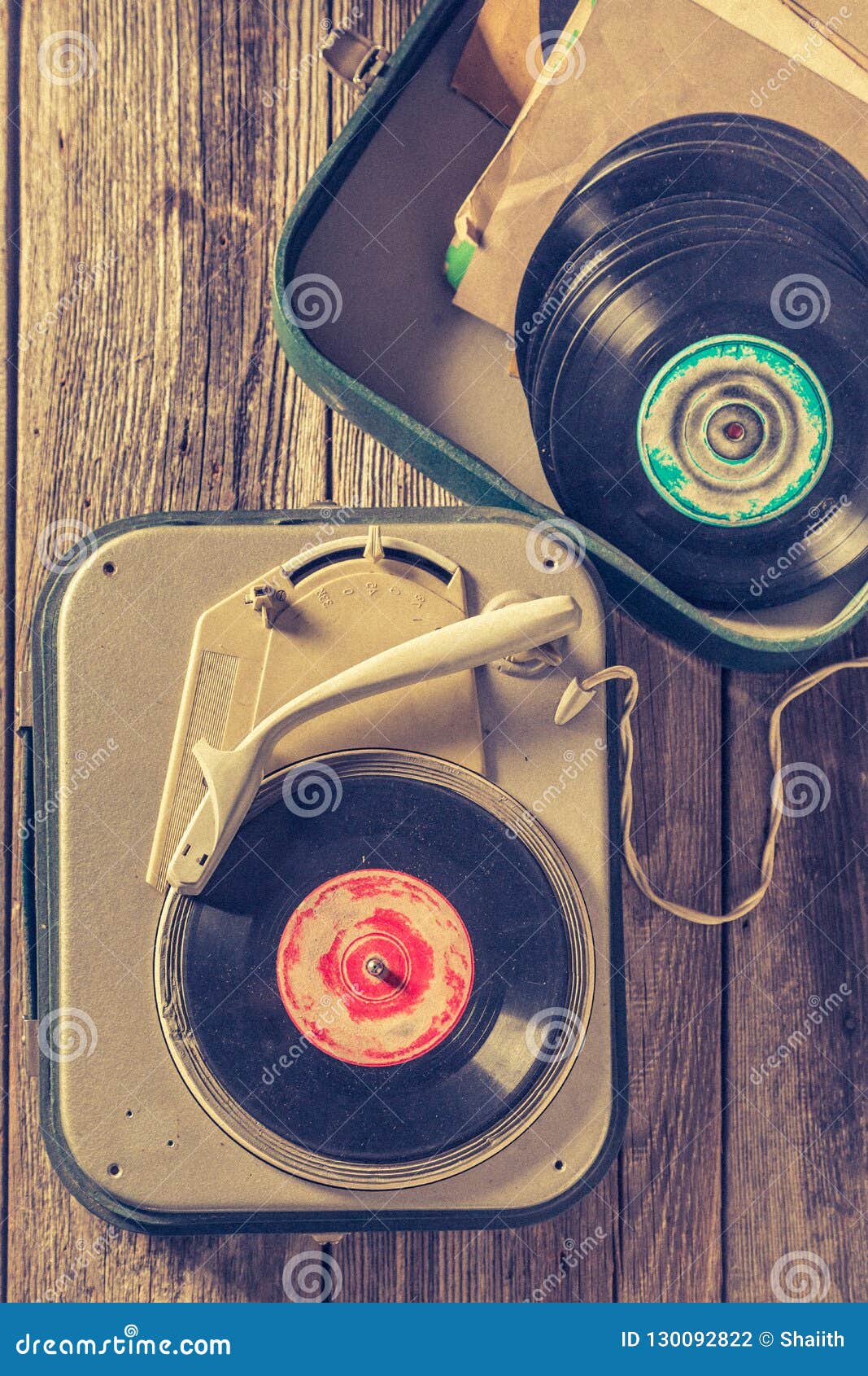 Vintage Gramophone with a Stack of Vinyl Records Stock Photo - Image of ...