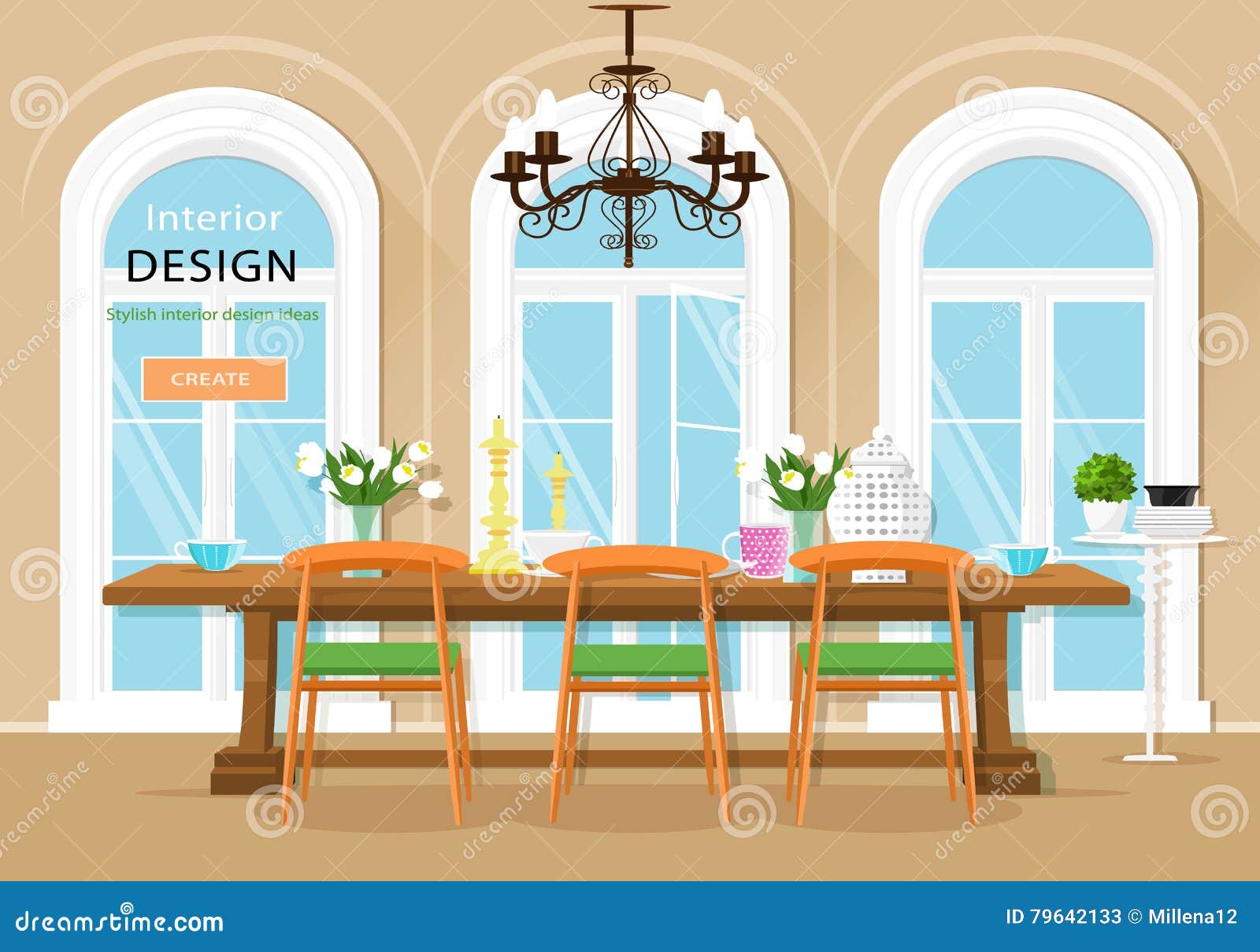 Vintage Graphic Dining Room Interior with Dining Table, Chairs and ...