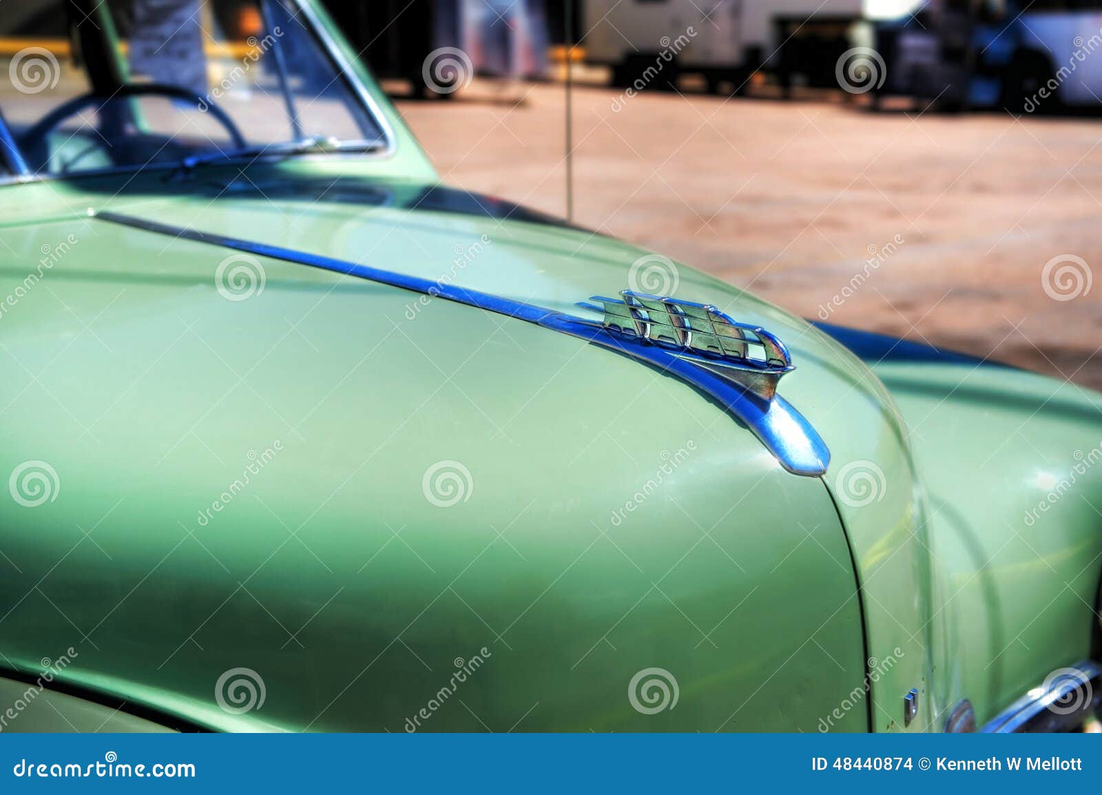 Vintage Green Car Front Hood and Ornament Stock Photo - Image of ...