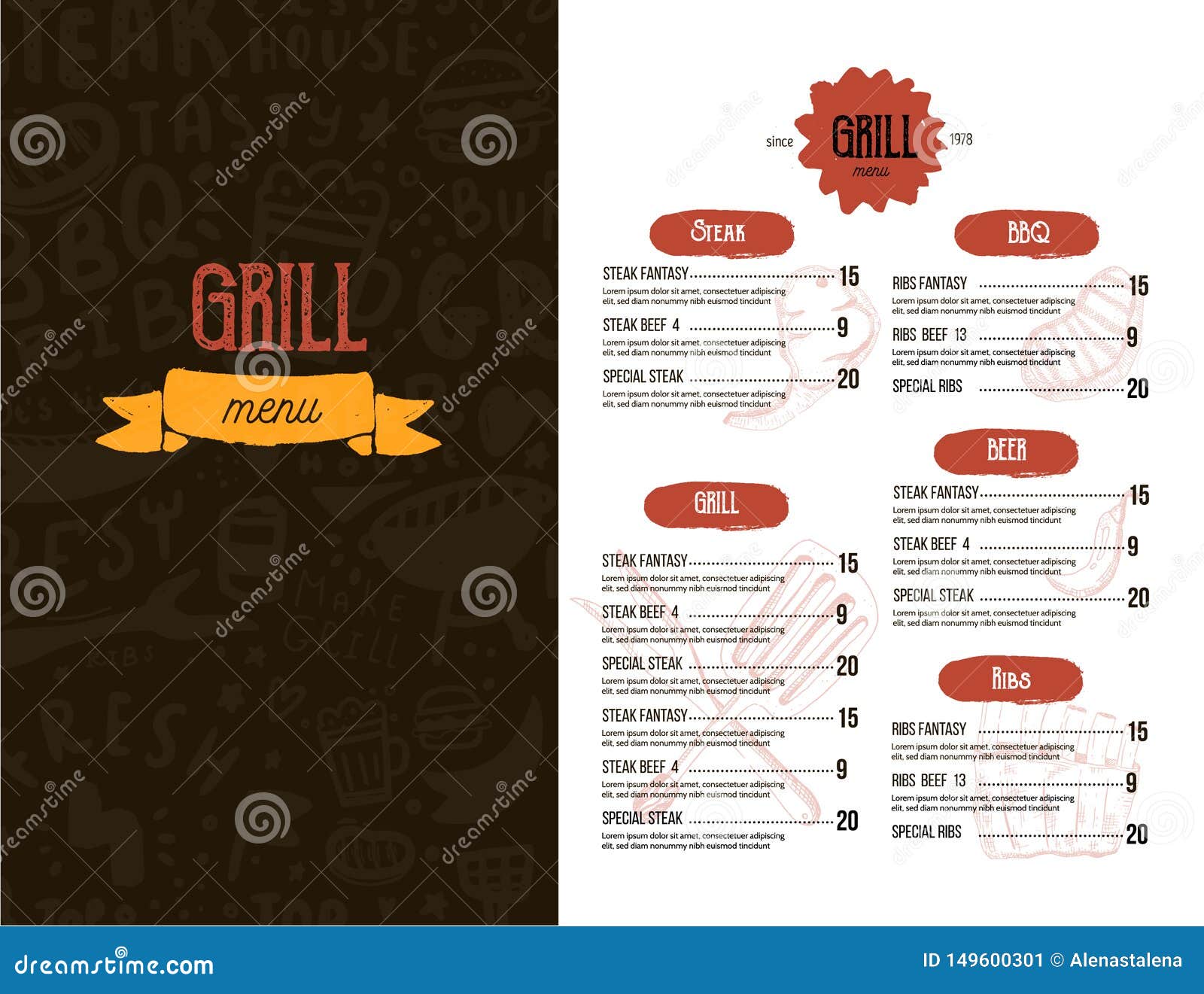 Vintage Grill Menu Design. Grill Poster With Doodle Background. Steak ...