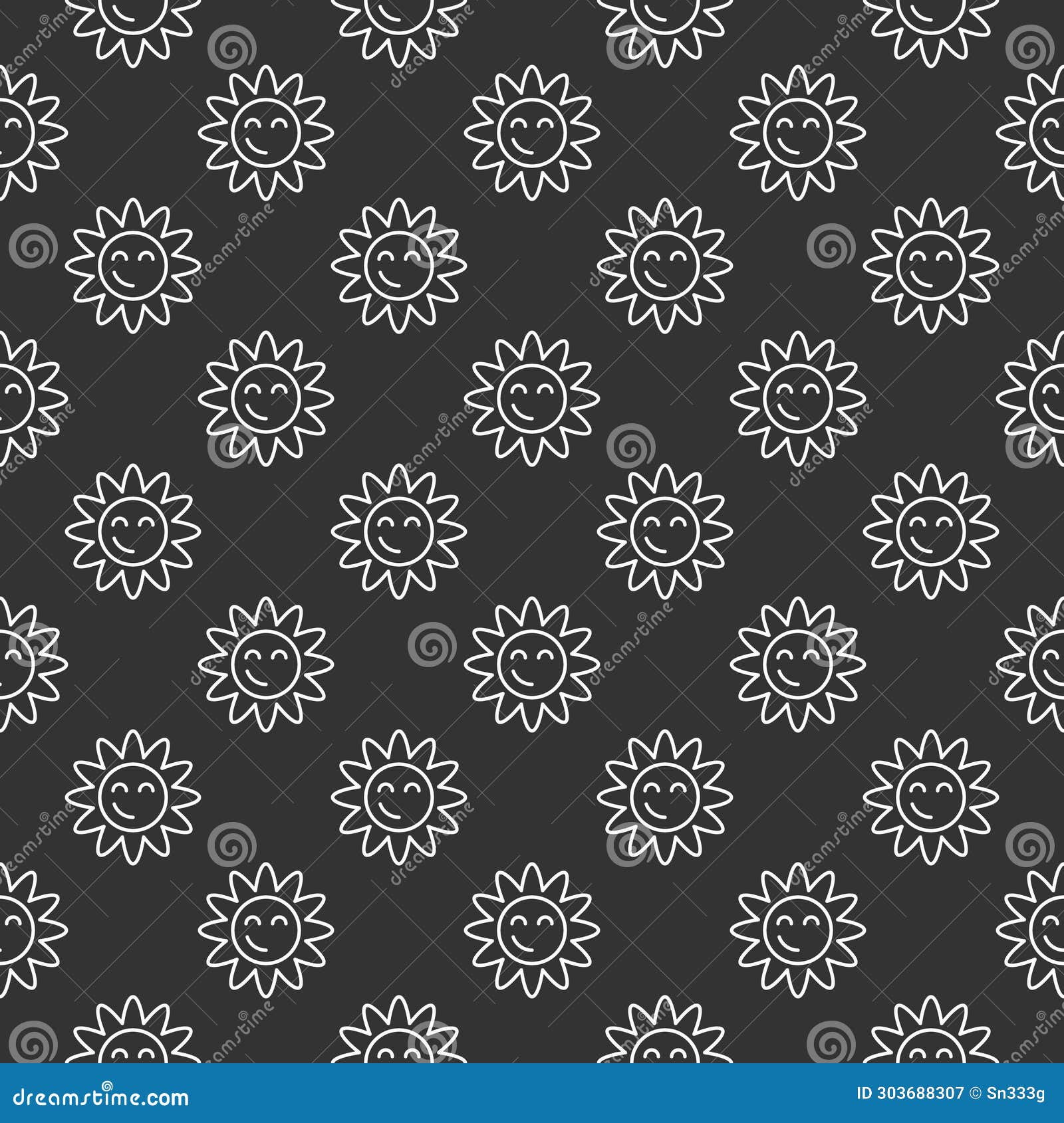 Vintage Groovy Smiling Flower Vector Outline Seamless Pattern Stock ...