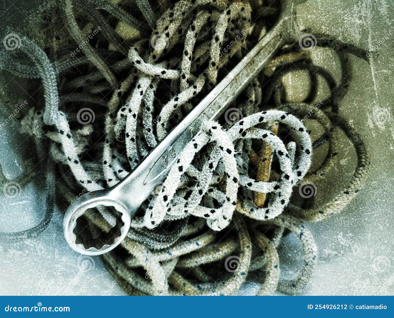 Tow Rope And Wrench Lies On A Spare Wheel, Against A Brick Wall Stock ...
