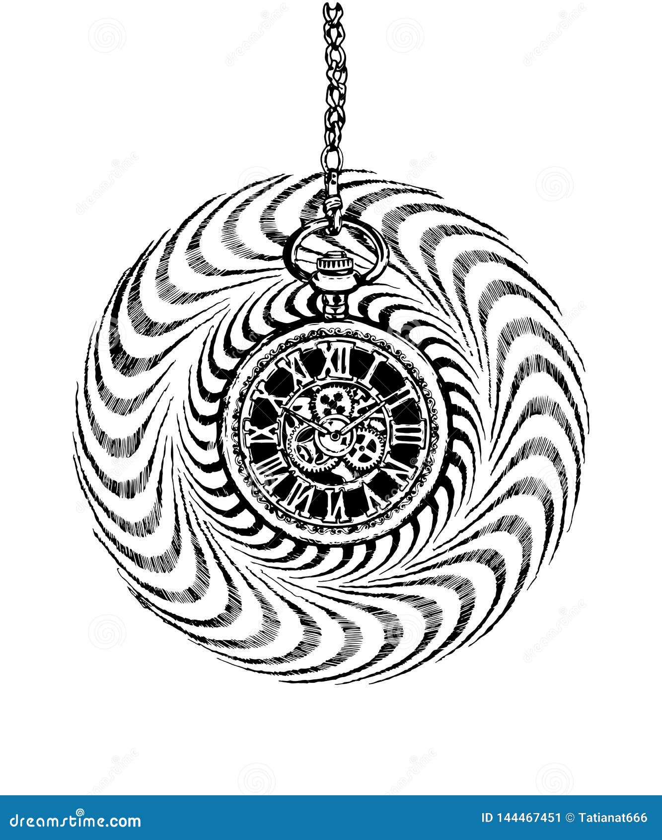 Vintage Hand Drawn Black and White Hypnosis Retro Pocket Clock Stock ...