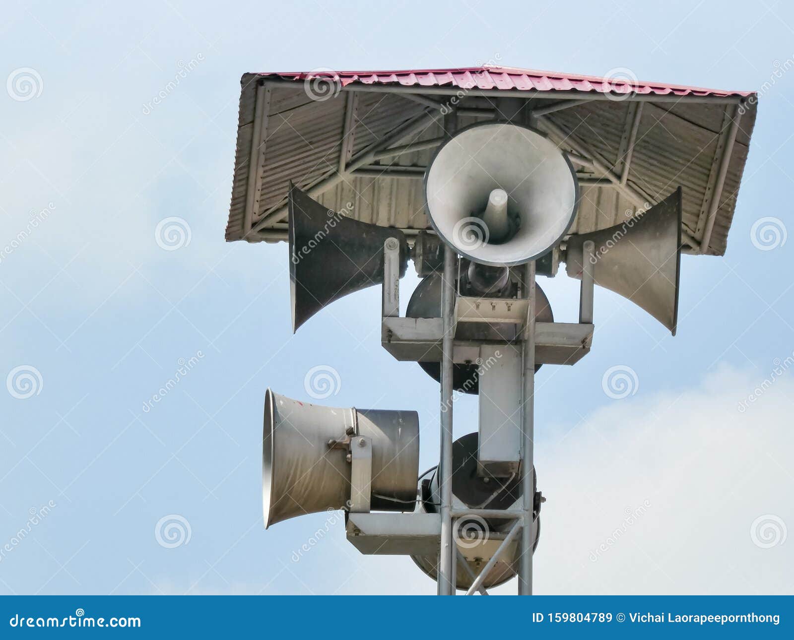 Vintage Horn Speaker Tower with Loudspeaker Against the Sky. Stock ...