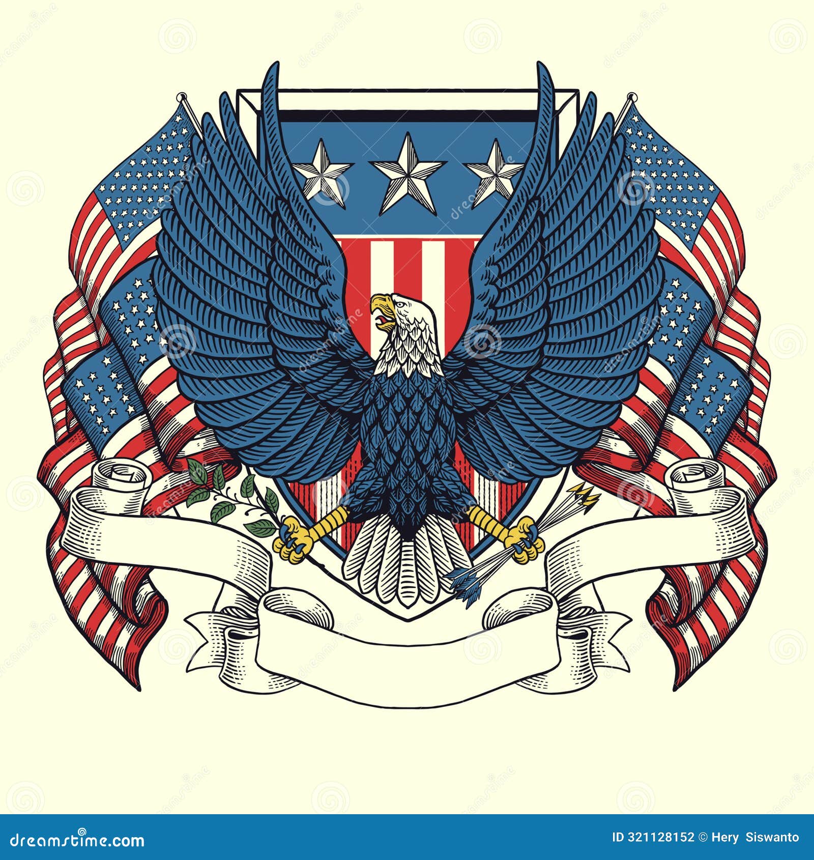Vintage Illustration of American Eagle Design with Shield, Flags, and Ribbon Stock Illustration ...