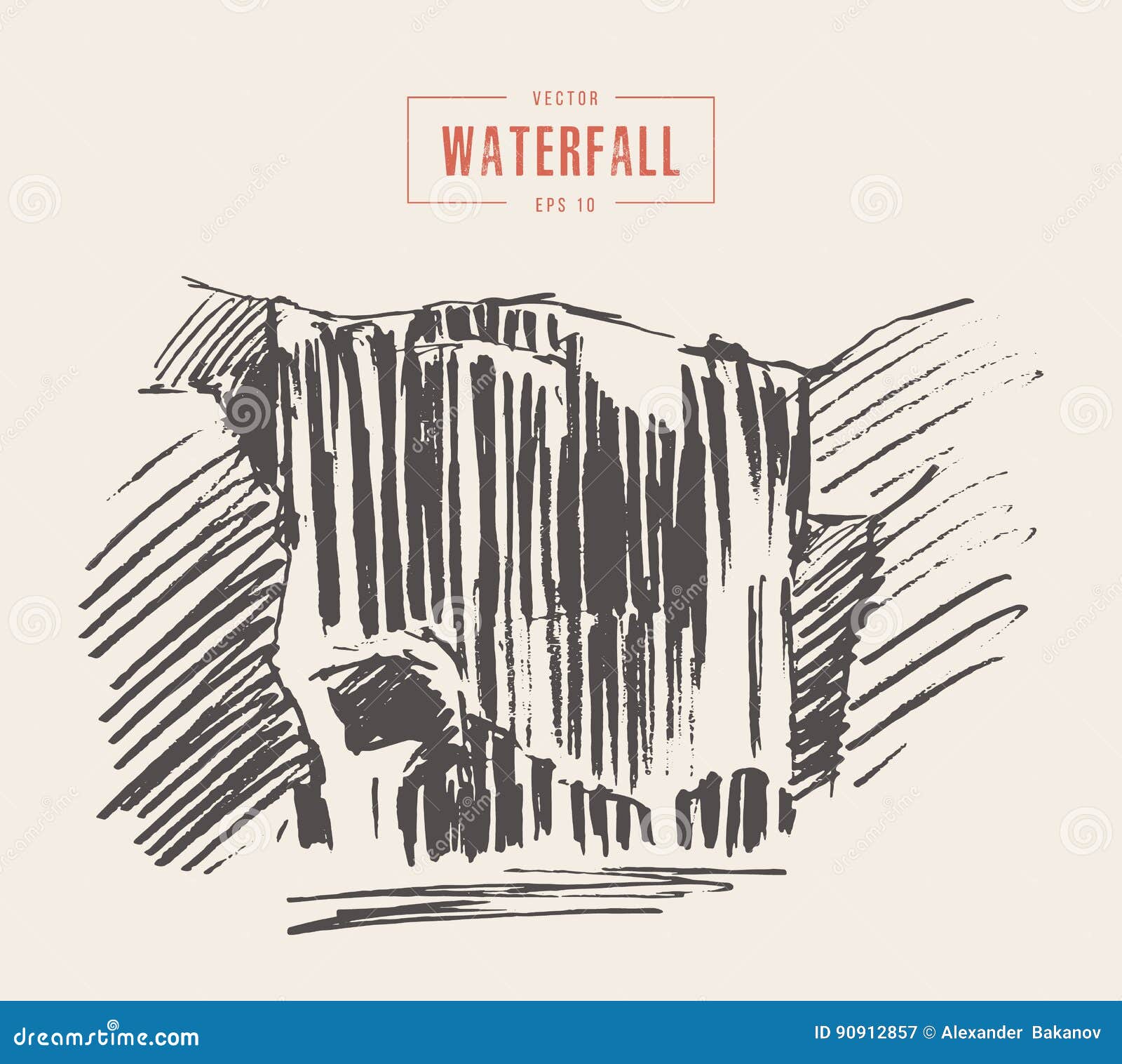 Vintage Illustration of Beautiful Waterfall Drawn Stock Vector ...