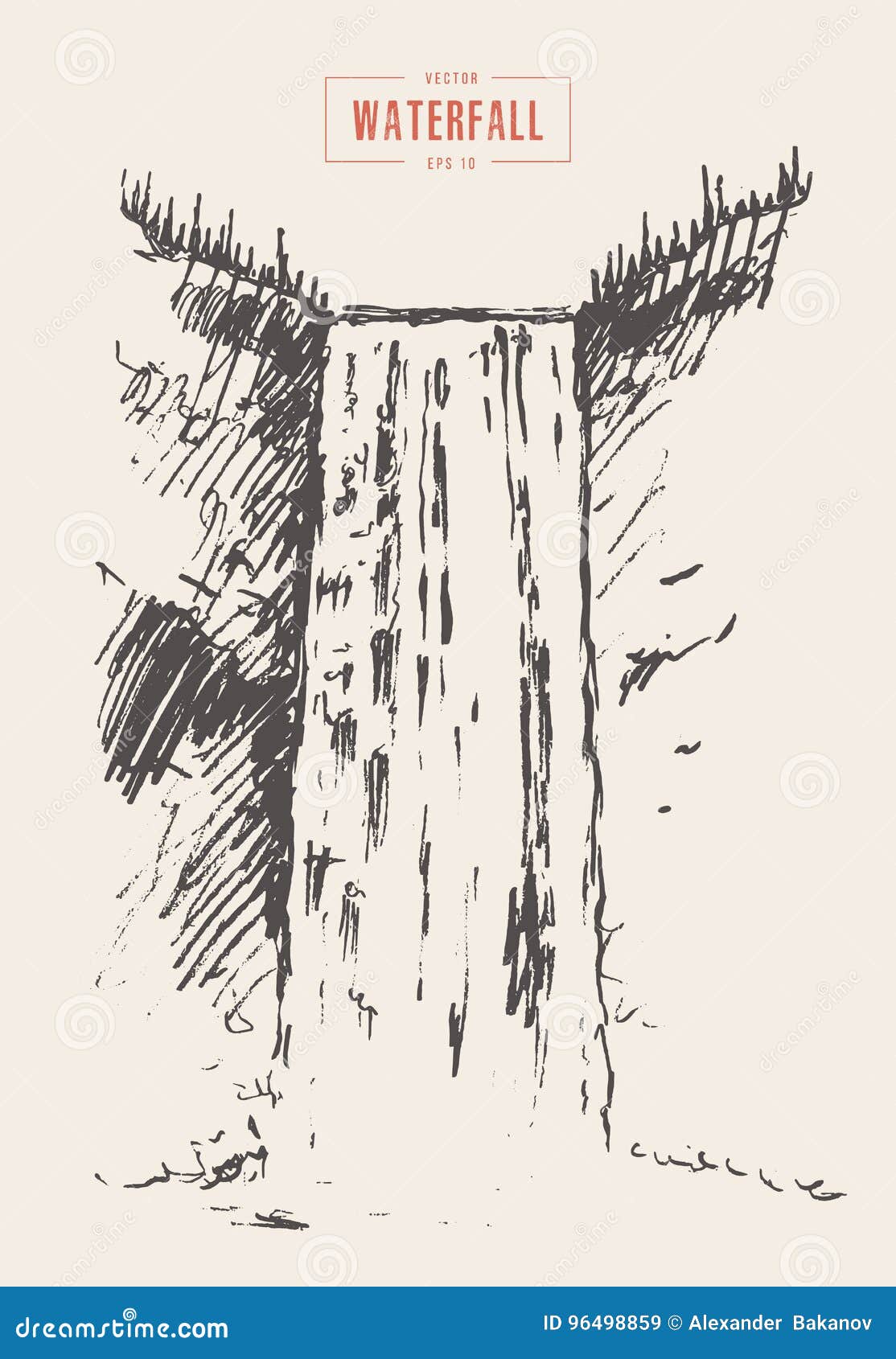 Vintage Illustration of Beautiful Waterfall Drawn Stock Vector ...
