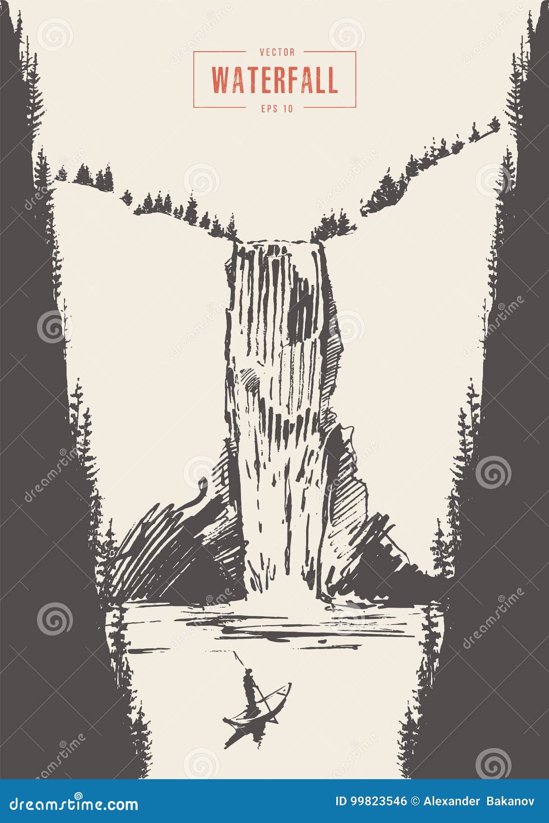 Beautiful Waterfall Coloring Pages With Strong Outlines Royalty-Free ...